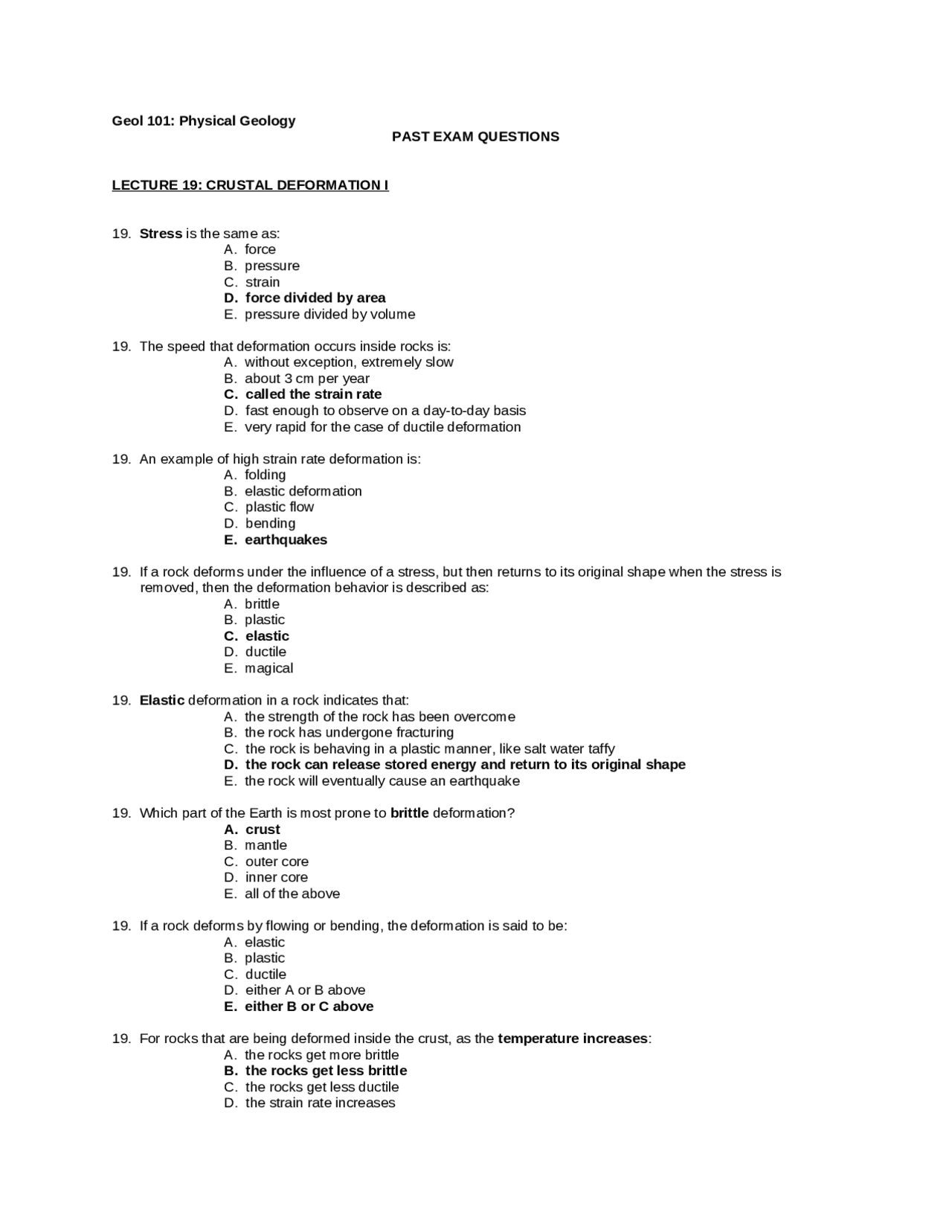 Crustal Deformation I Physical Geology Past Exam Questions Geol