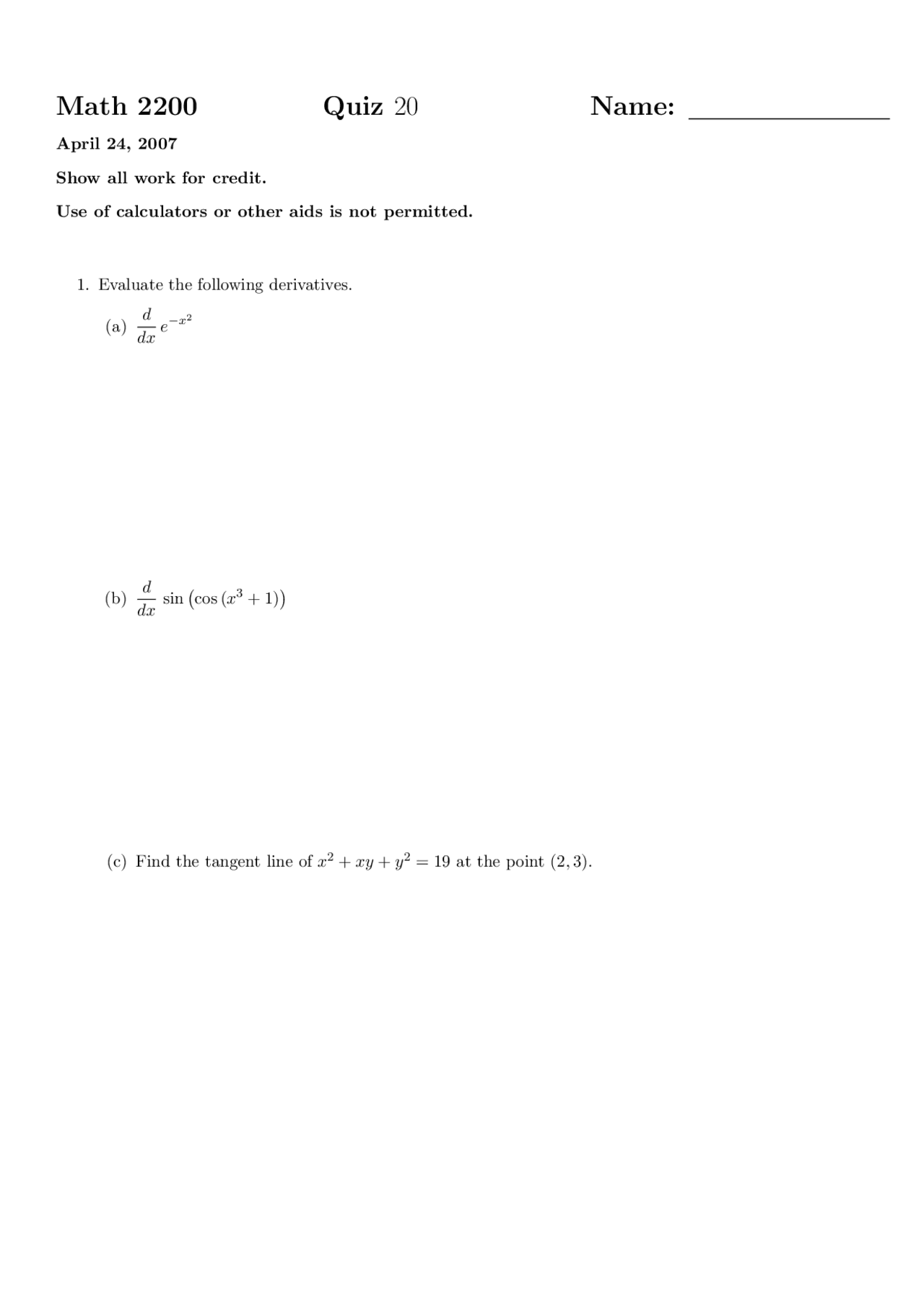 Calculus I Find Derivative Quiz 20 Math 2200 Docsity