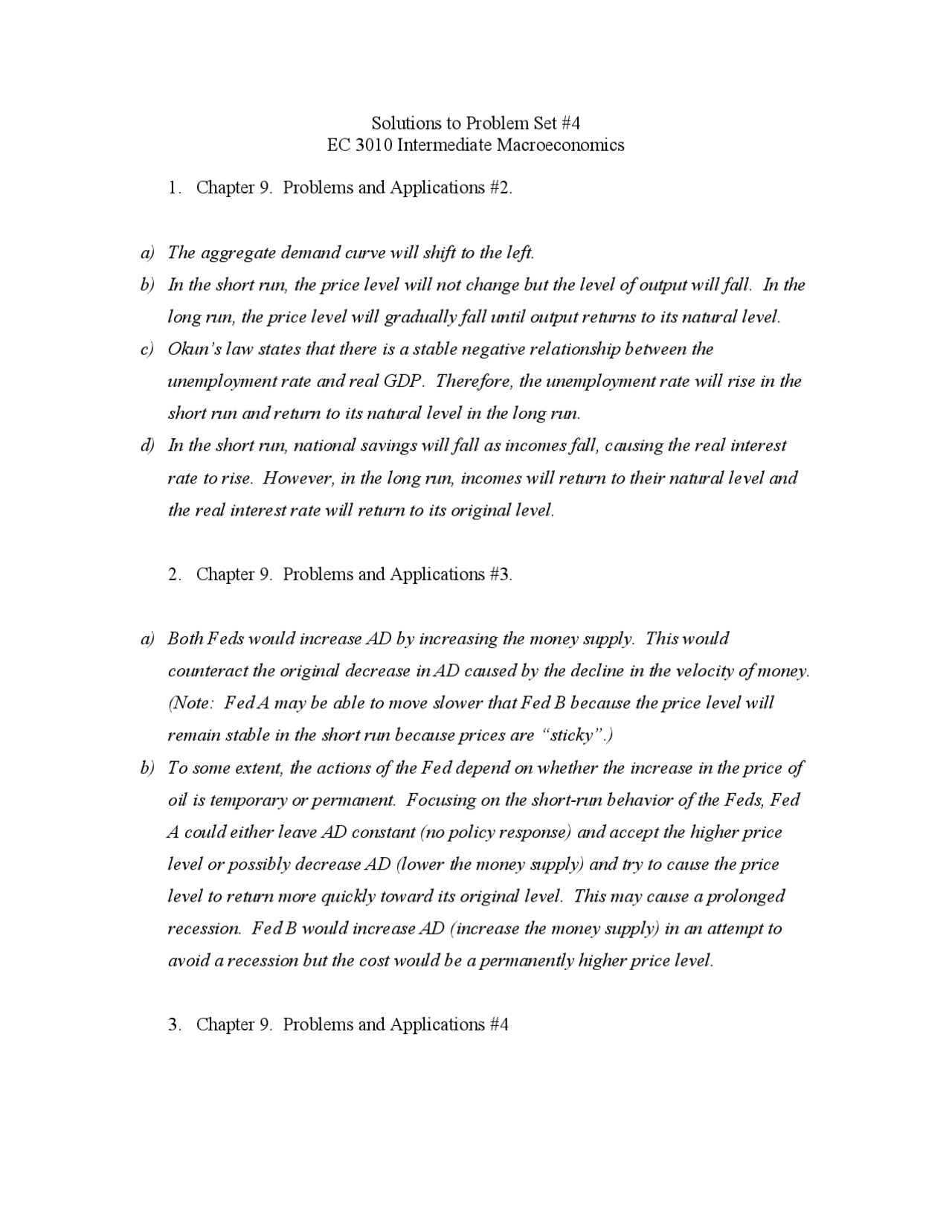 Solutions To Problem Set 4 Intermediate Macroeconomics Econ 3010