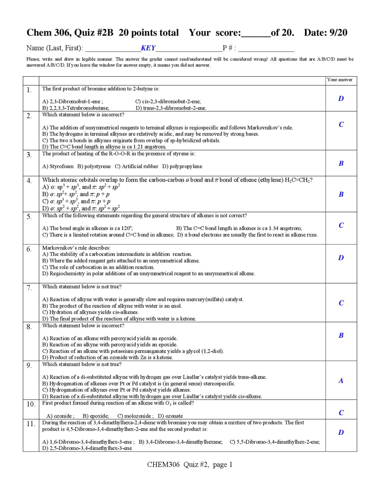 Sample Quiz #2B with Solutions - Organic Chemistry | CHEM 306 - Docsity