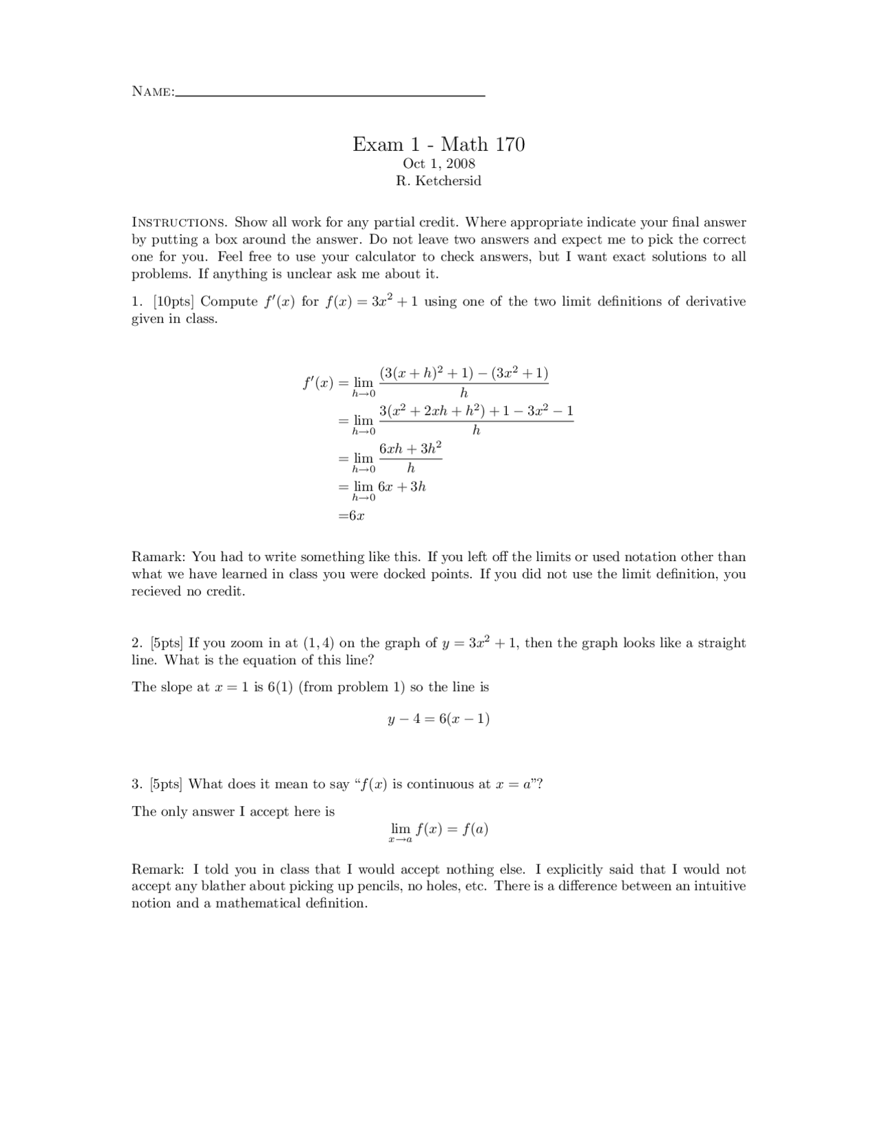 Five Questions For Test I Calculus I Fall 2008 Math 170 Docsity