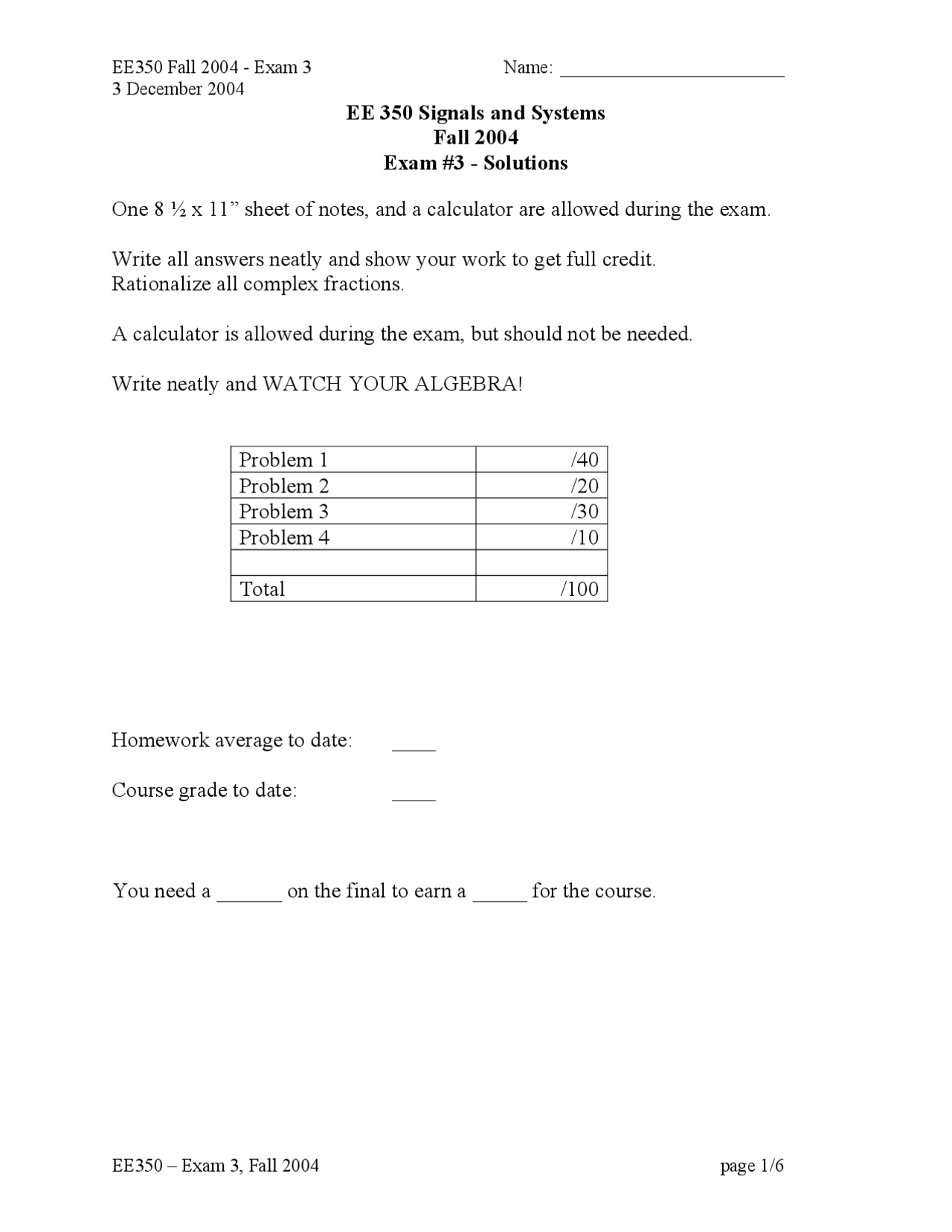 Exam 3 Question With Solutions Signals And Systems Ece 350 Docsity
