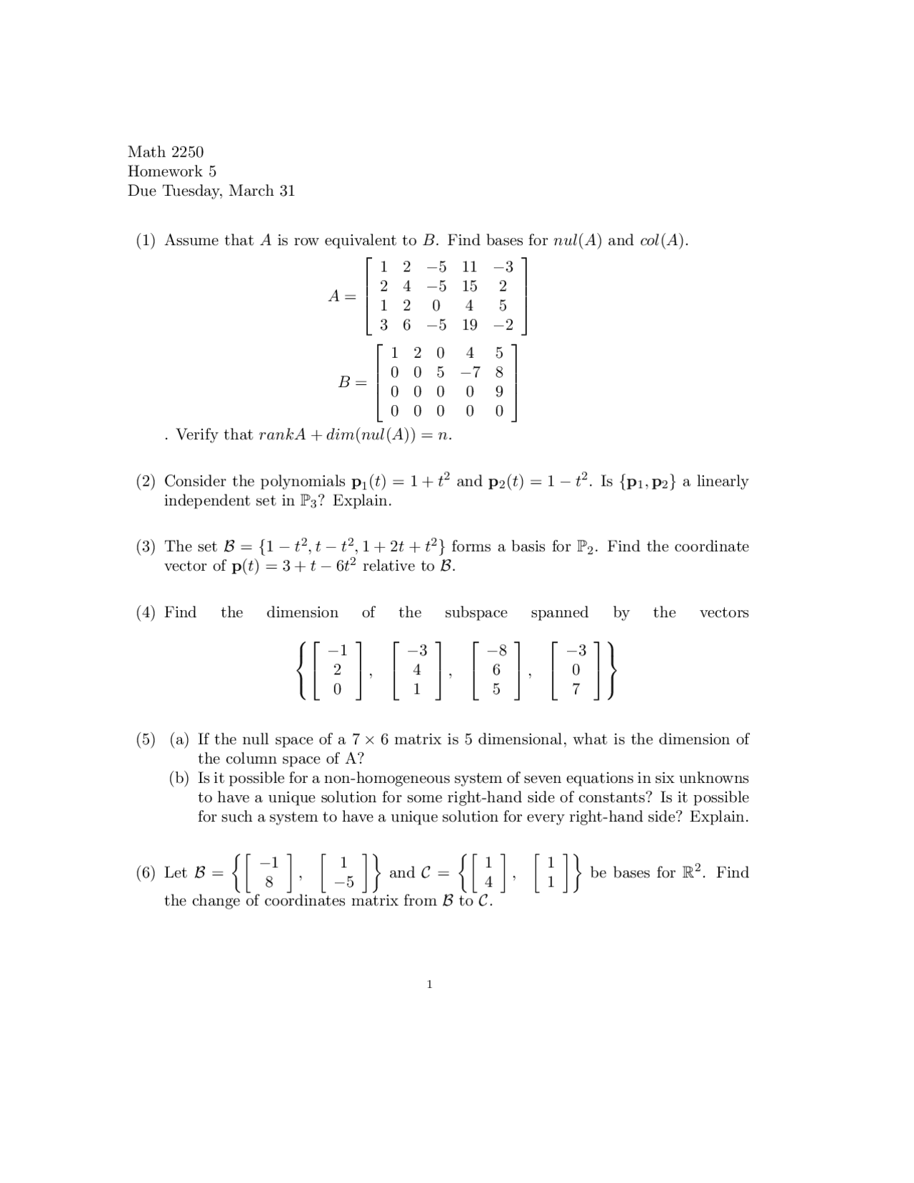 Math 2250 Homework 5: Linear Algebra and Polynomials - Prof. Jon L. Prewett | Assignments Linear ...