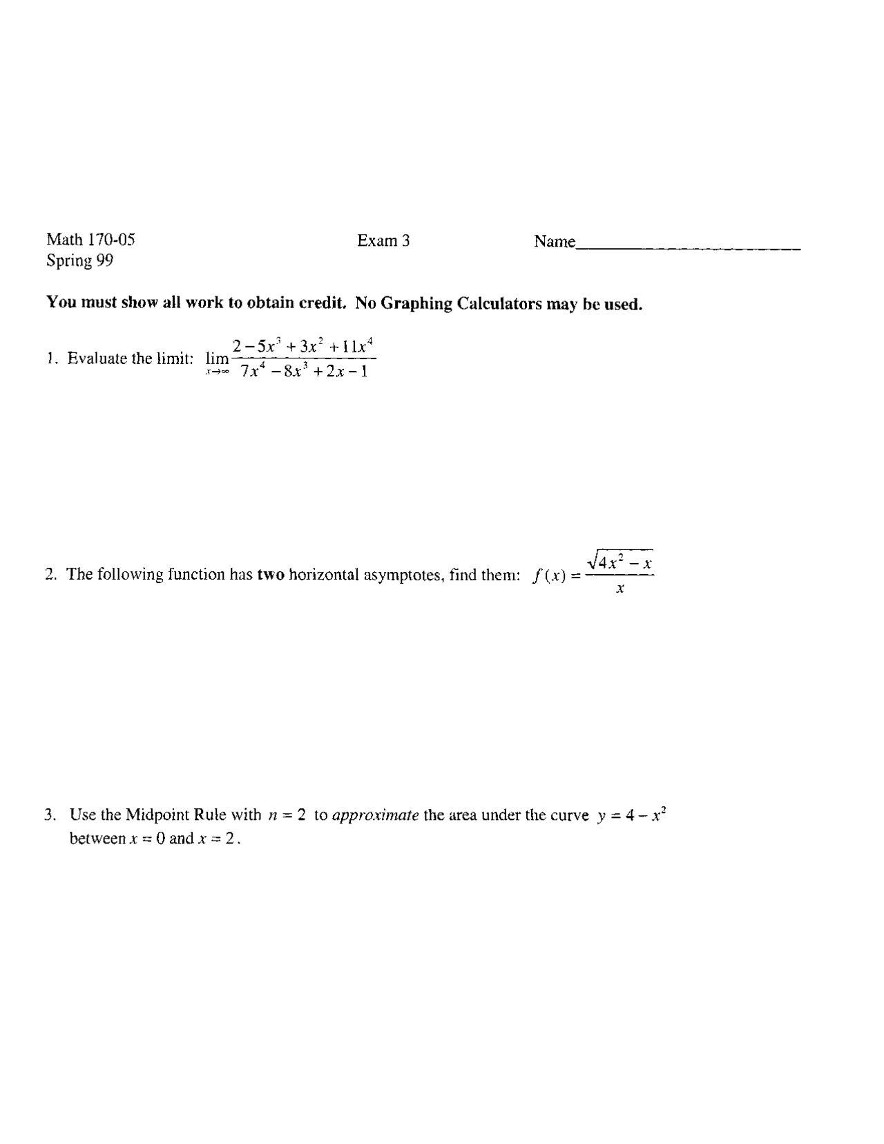 10 Questions in Exam 3 - Analytic Geometry and Calculus I | MATH 170 | Exams Analytical Geometry ...