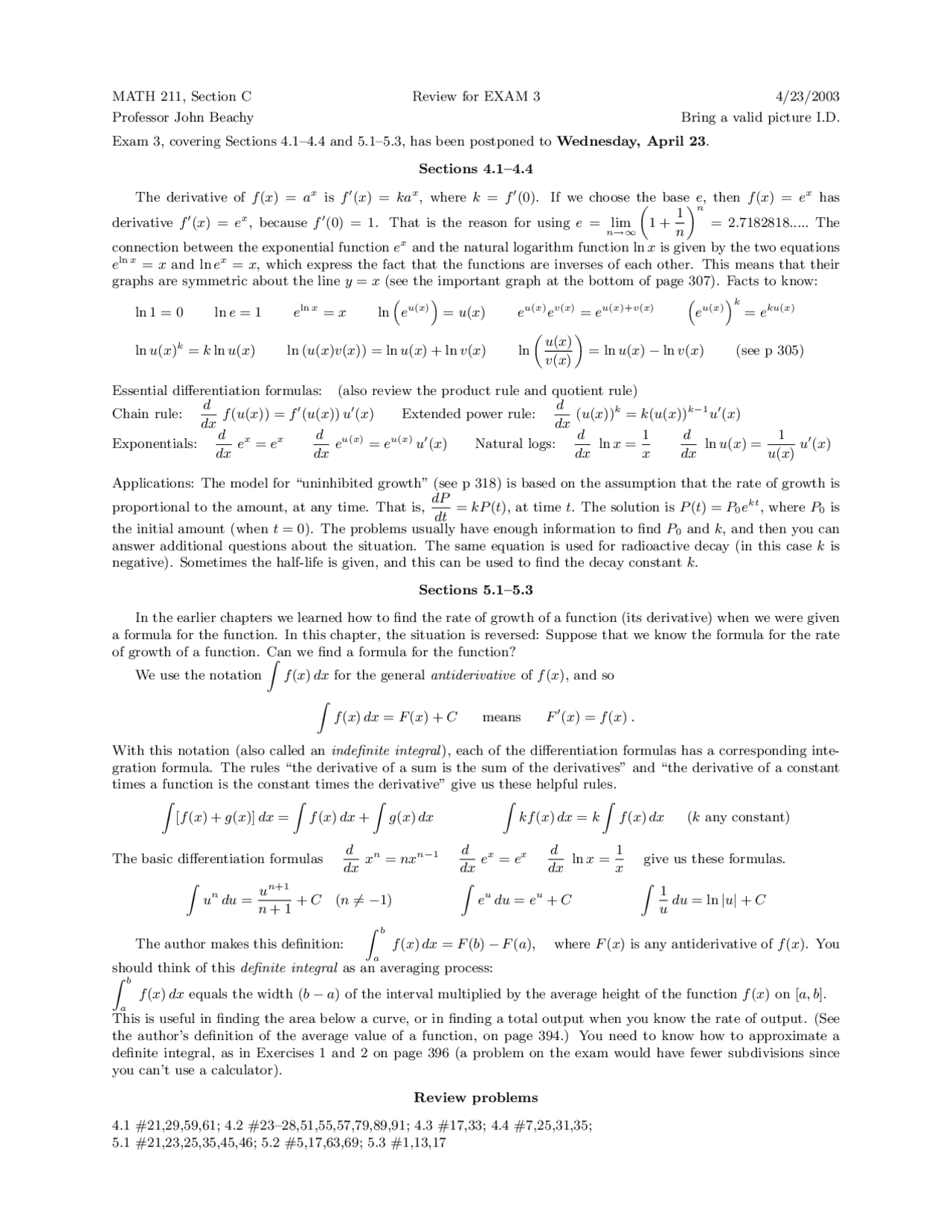 Review Sheet For Exam 3 Calculus For Business And Social Science