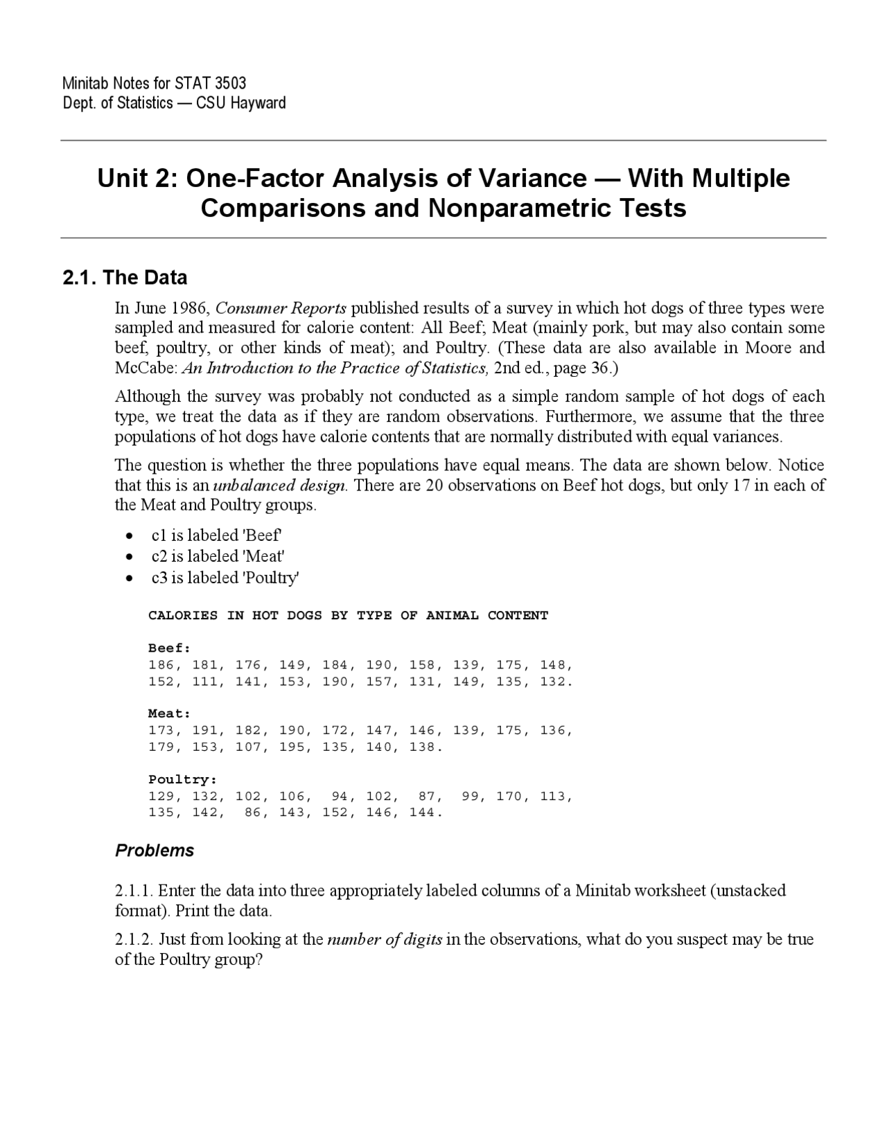 One Factor Analysis of Variance - Statistical Inference II - Handout | STAT 3503 - Docsity