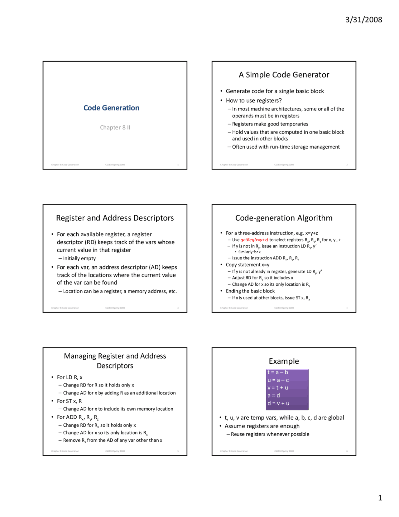 Lecture Slides On Code Generation Compiler Design And Implementation