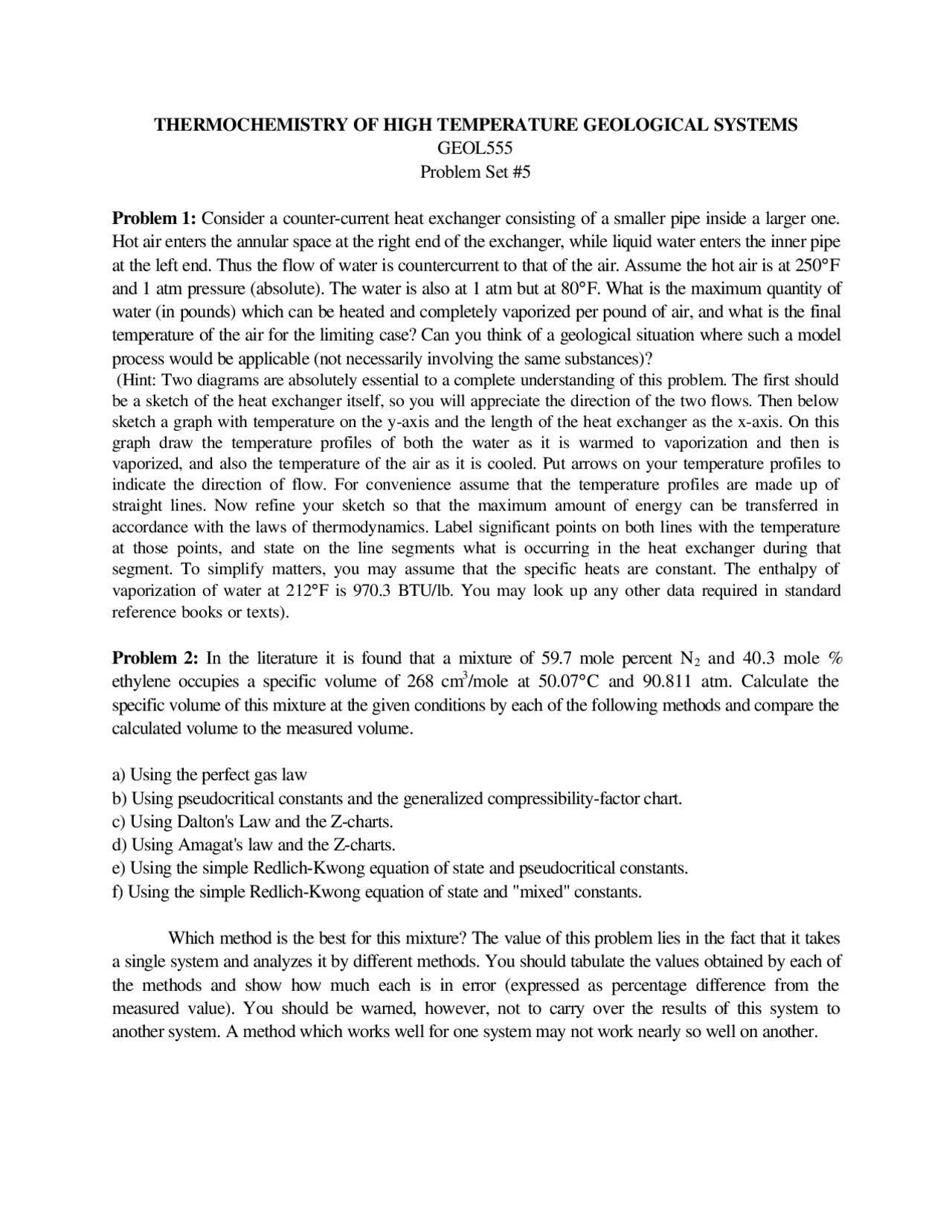 Problem Set 5 For Thermochemistry Of Geological Processes Geol 555