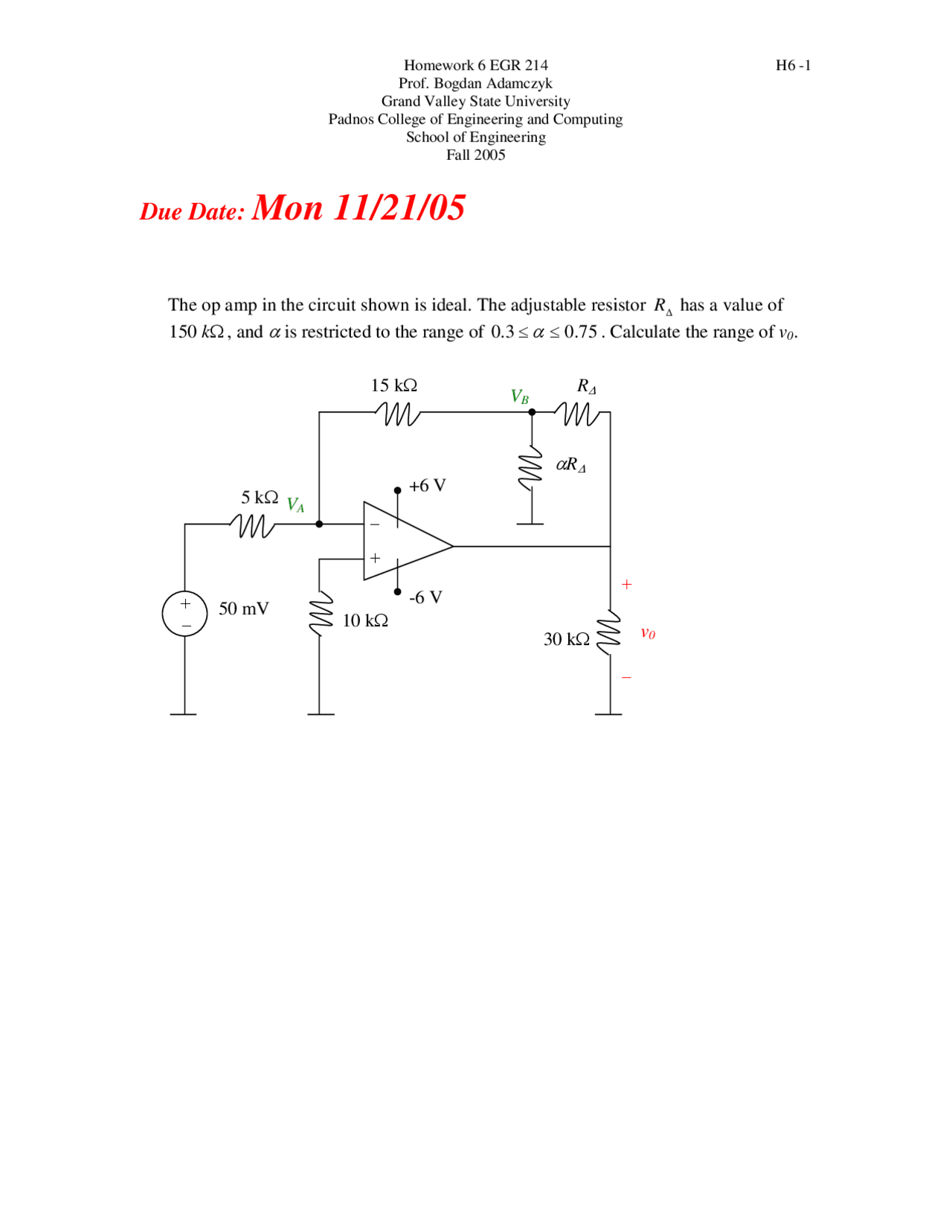 Homework 6 Problem Circuit Analysis I Fall 2005 Egr 214 Docsity