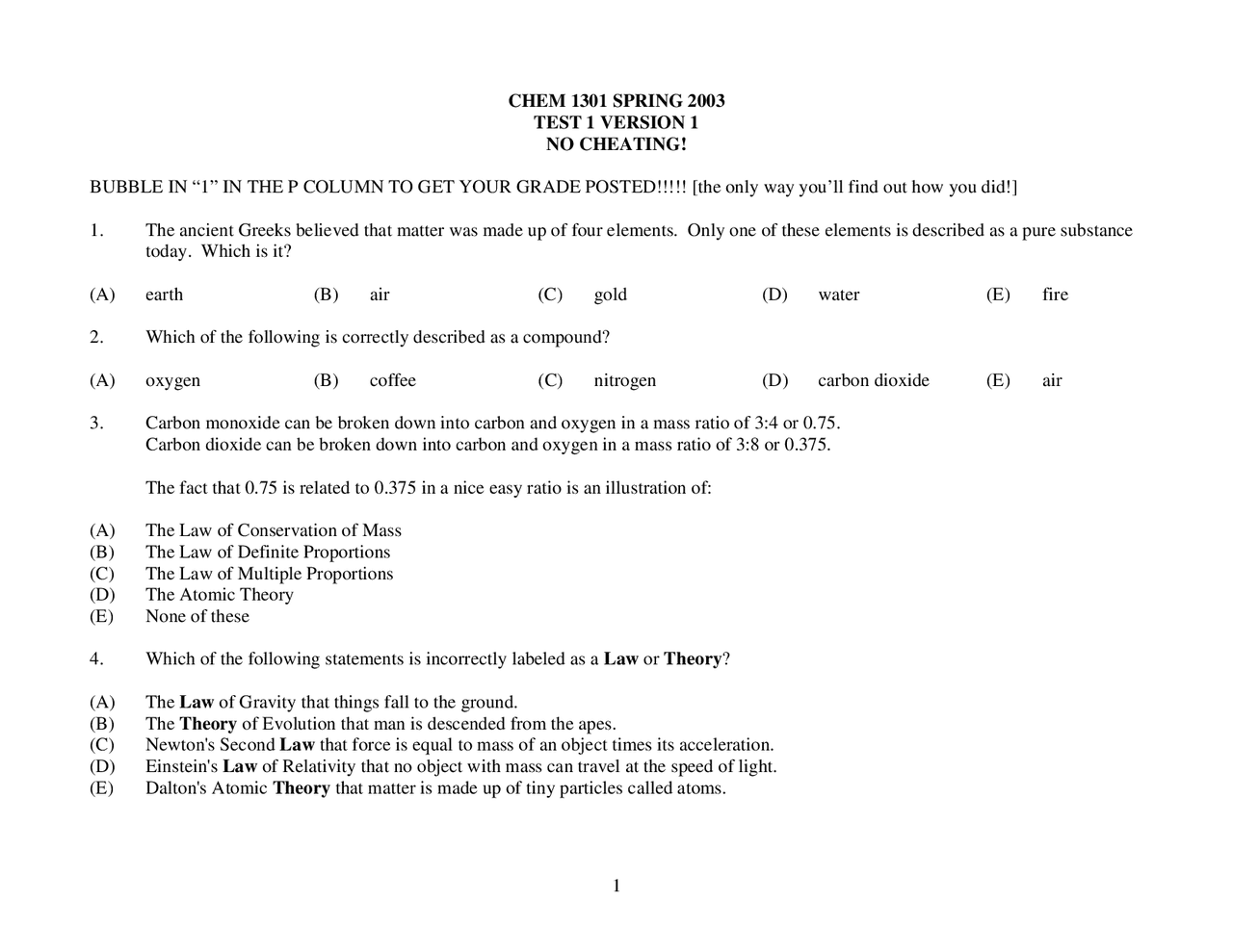 Test1 Version 1 For Foundations Of Chemistry Chem 1301 Docsity
