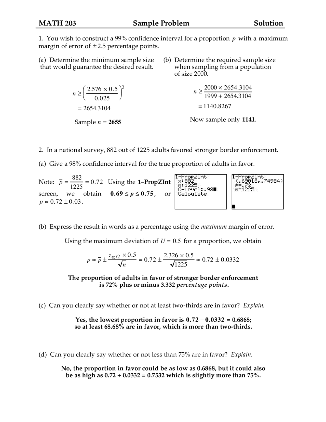Solution of 2 Sample Problems on Statistics | MATH 203 | Assignments Statistics | Docsity