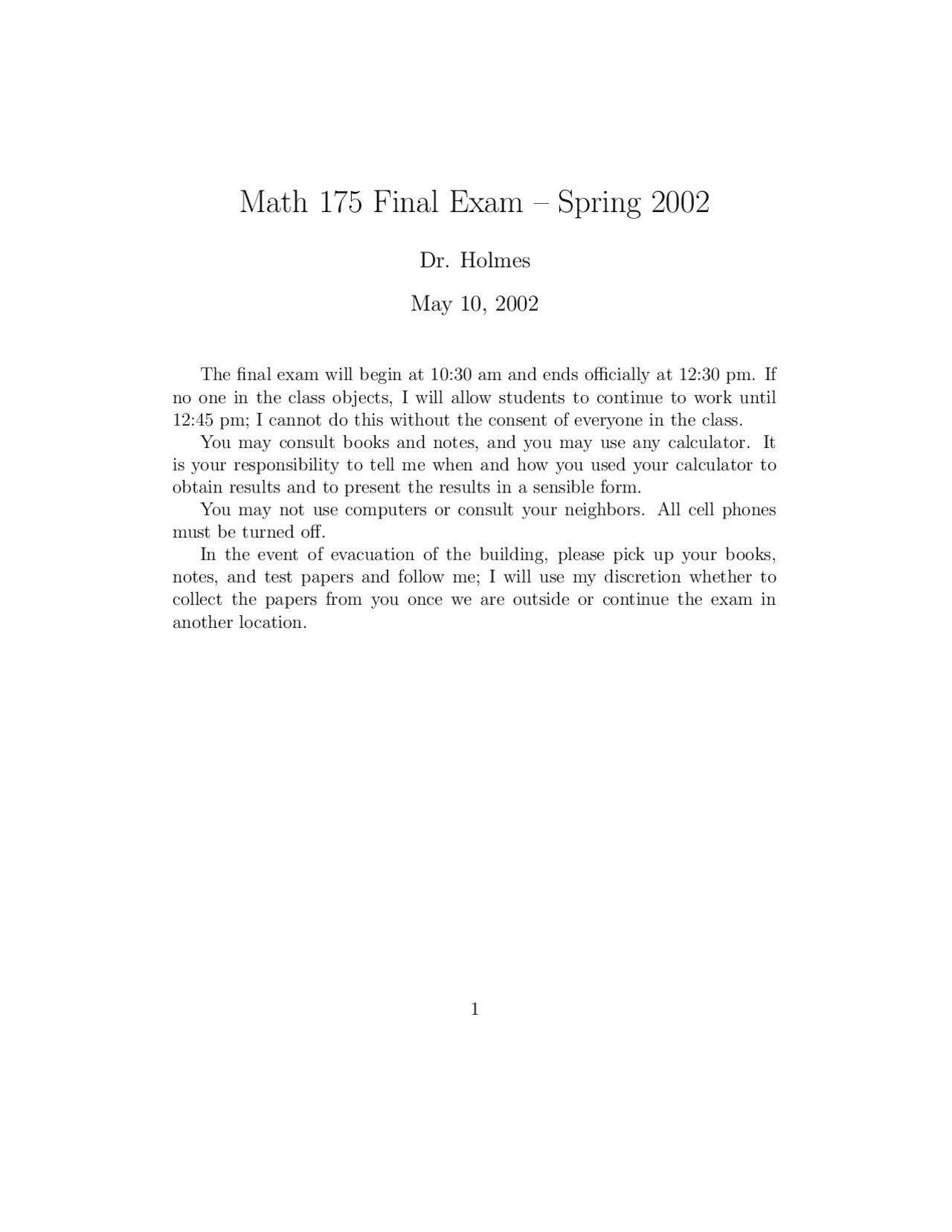 Practice Final Exam Calculus Ii Math 175 Docsity