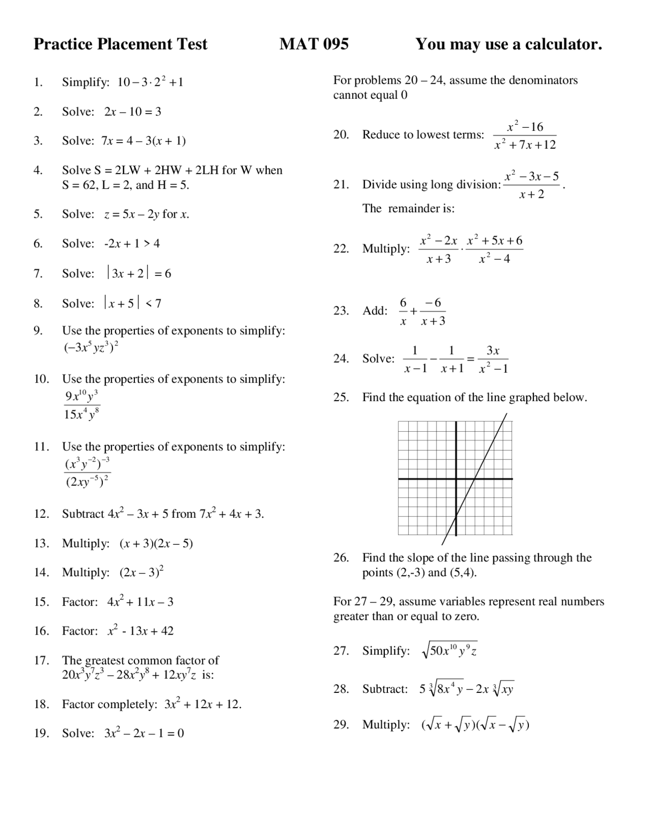 Practice Placement Test Developmental Algebra I Lab Mat 095 Docsity