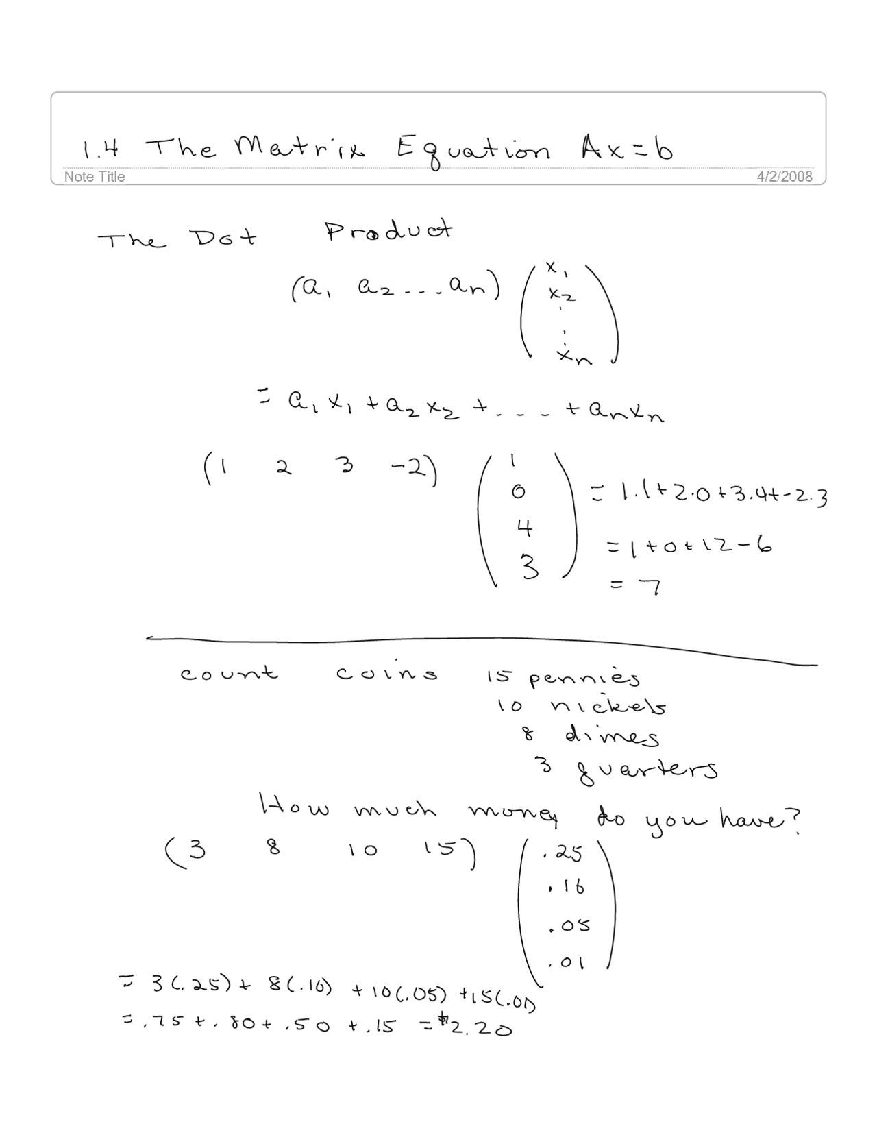 Matrix Equations The Dot Product Handwritten Notes Math 221 Docsity