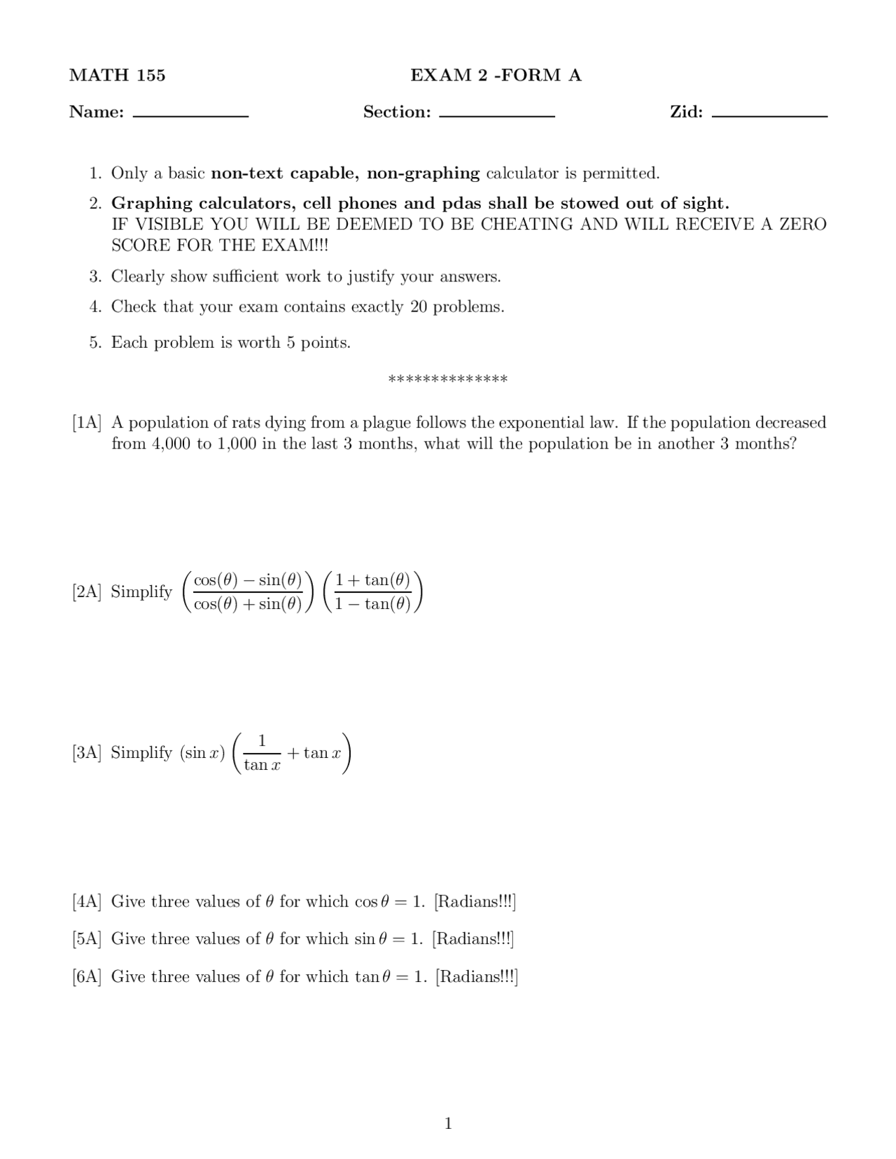 Exam II - Trigonometry and Elementary Functions | MATH 155 | Exams Mathematics | Docsity