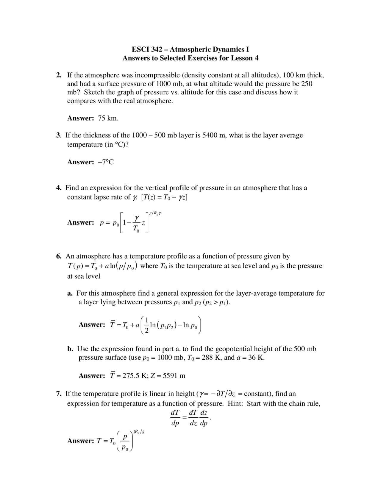 Atmospheric Dynamics 1 Assignment With Answer Key Esci 342 Docsity
