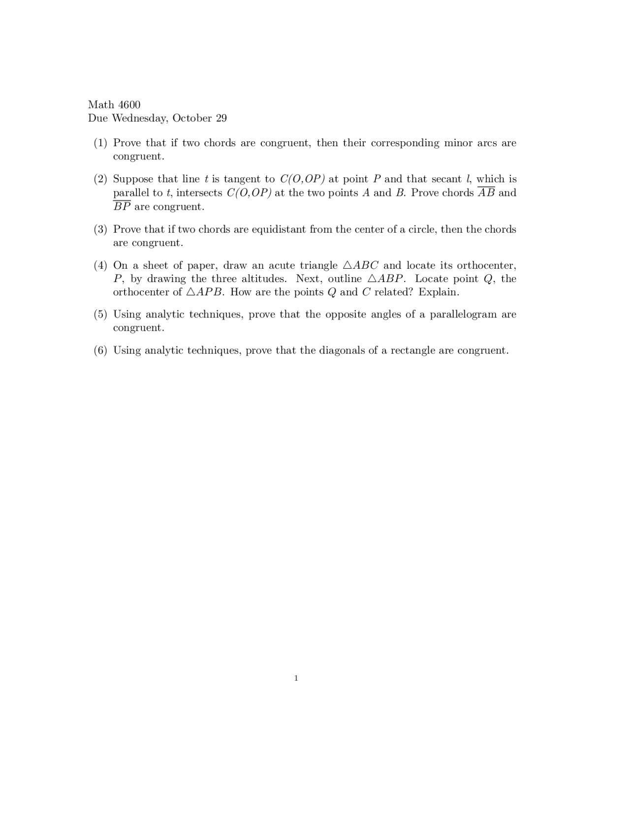 Problem Set 6 Questions Foundations Of Geometry Math 4600 Docsity