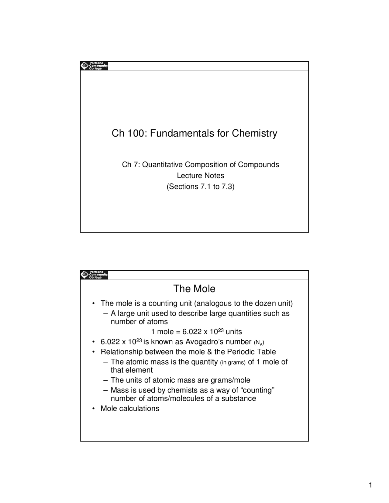 Quantitative Composition Of Compounds Lecture Slides Ch 100 Docsity