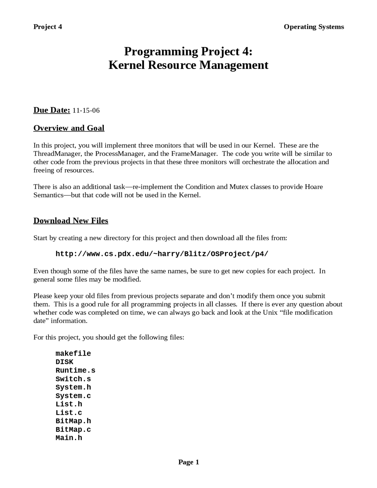 Programming Project IV - Kernel Resource Management | CS 333 - Docsity