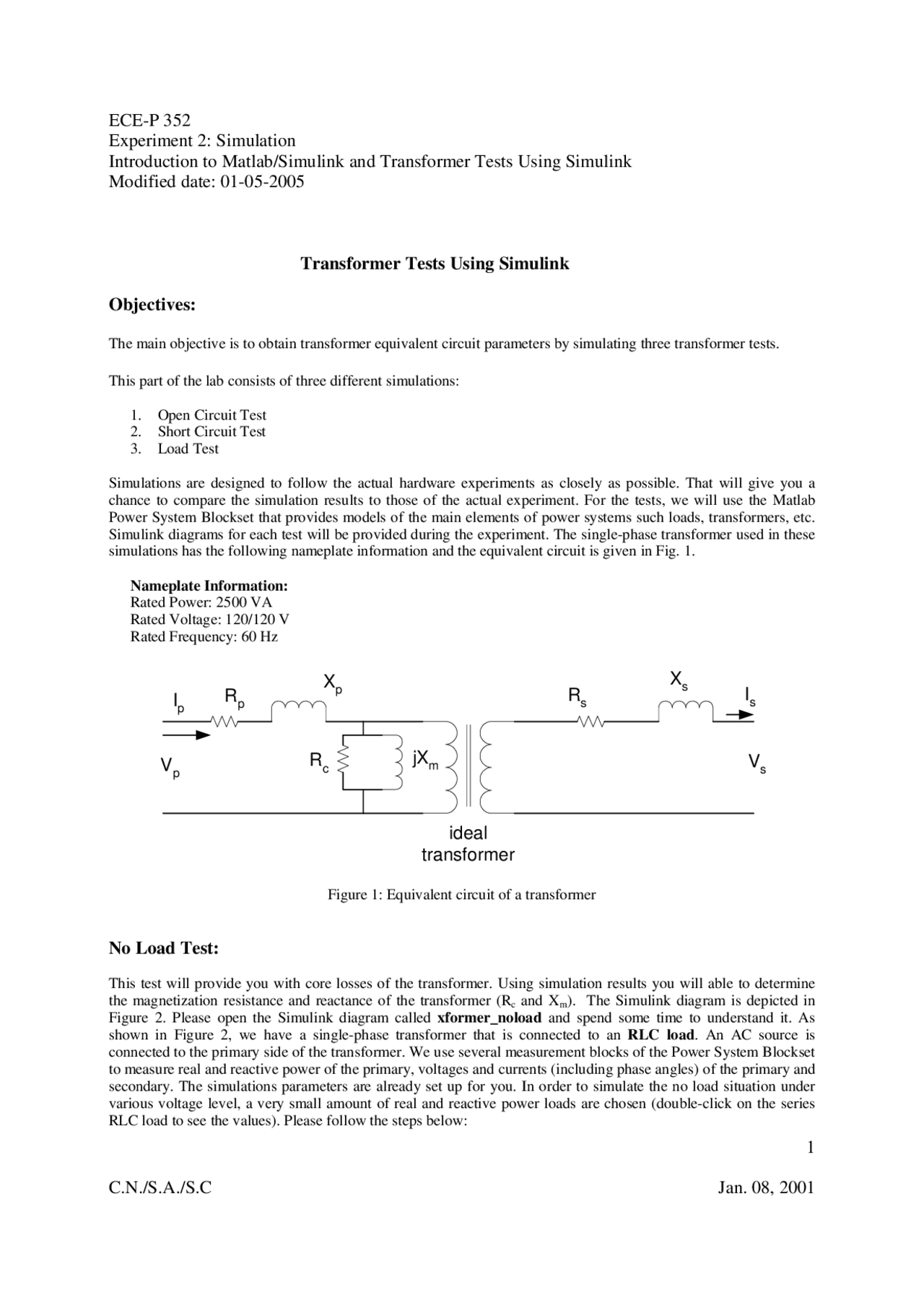Transformer Tests Using Simulink Lecture Notes Ecep 352 Docsity