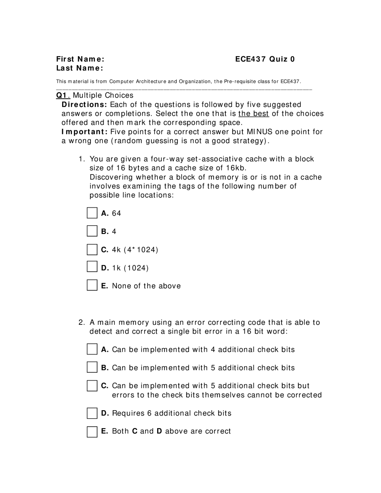 Quiz 0 For Computer Operating Systems Ece 437 Docsity