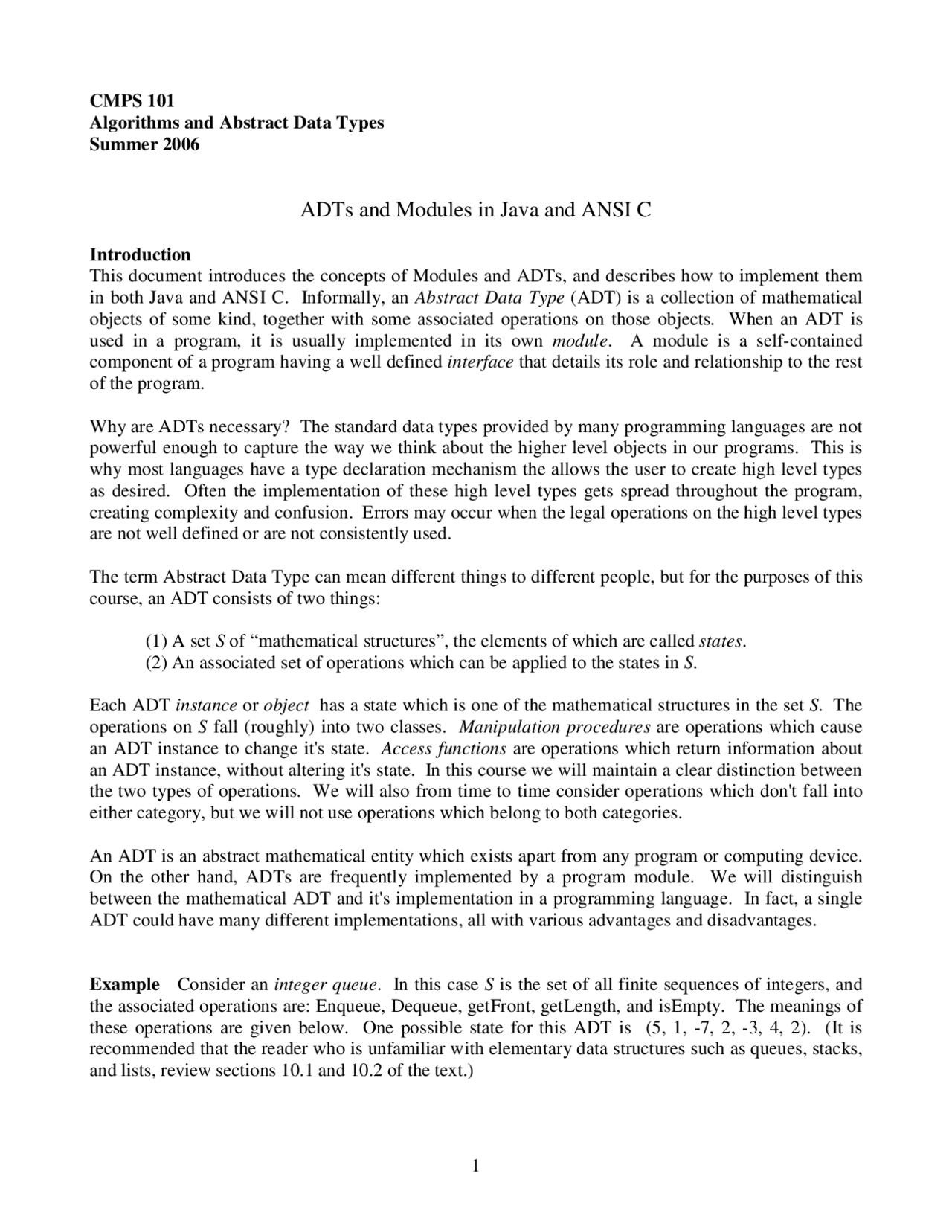 Research Paper Adts And Modules In Java And Ansi C Cmps 101 Docsity