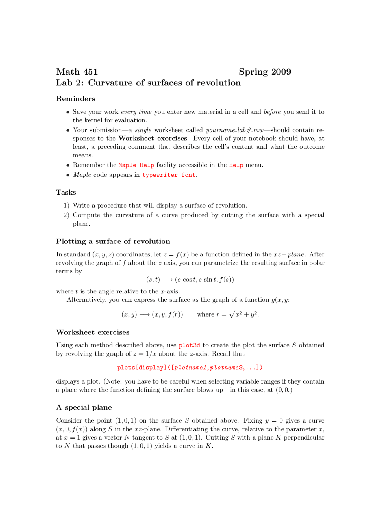Lab 2 Curvature Of Surfaces Of Revolution Math 451 Docsity