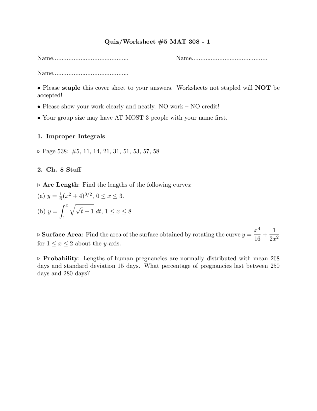 Questions On Calculus And Analytic Geometry Ii Worksheet 5 Mat 308
