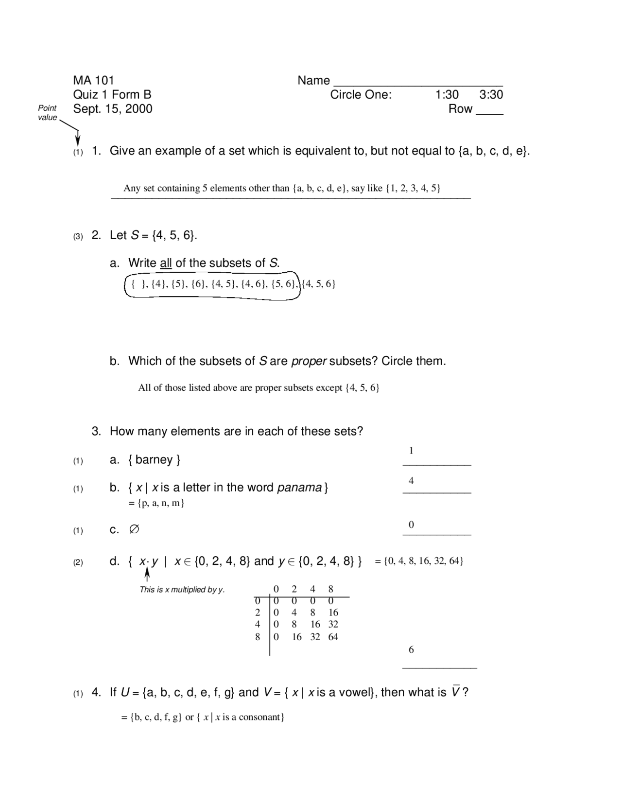 4 Problems on Elementary Mathematics I - Quiz 1 | MA 101 - Docsity