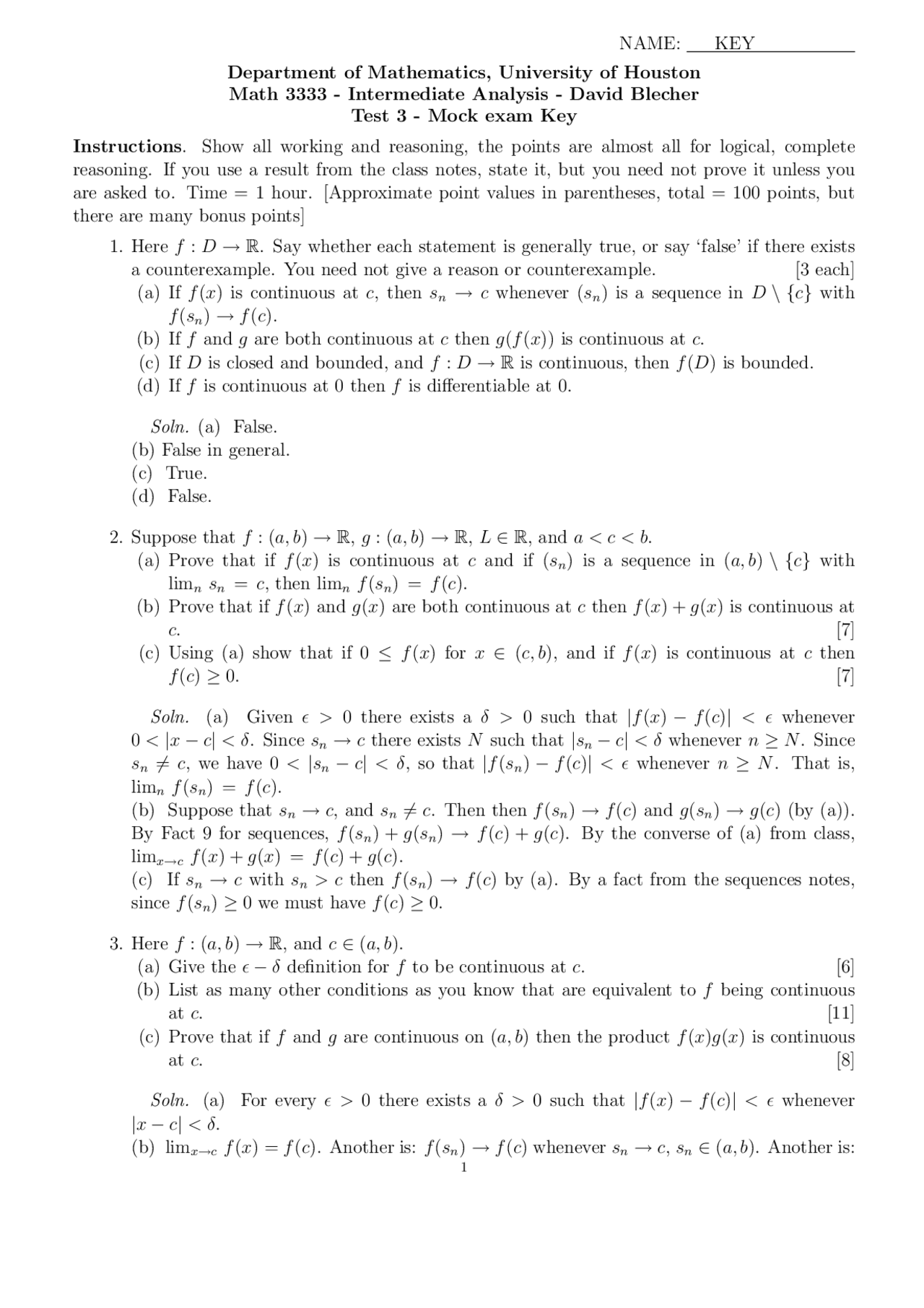 Test 3 Mock Exam with Answer Key - Intermediate Analysis | MATH 3333 ...