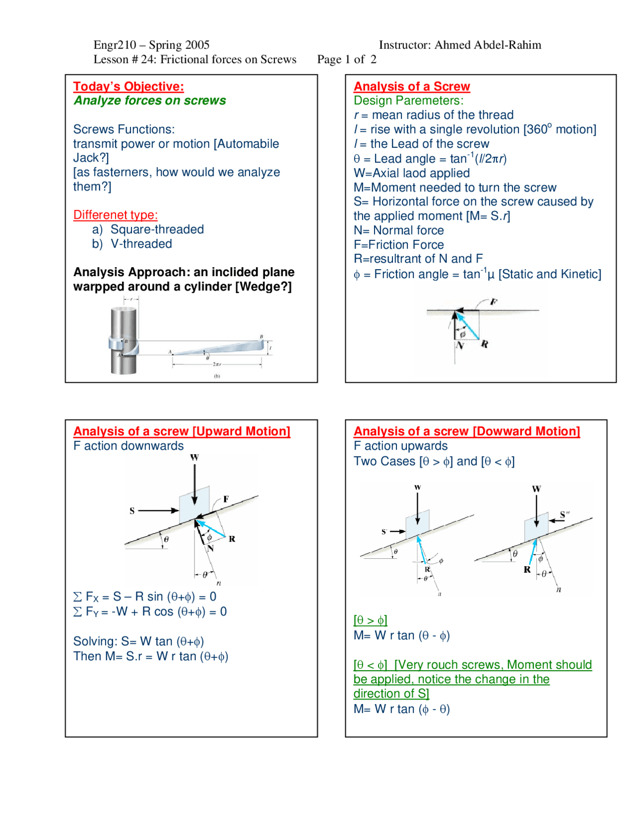Frictional Forces On Screws Lecture Slides Engr 210 Docsity