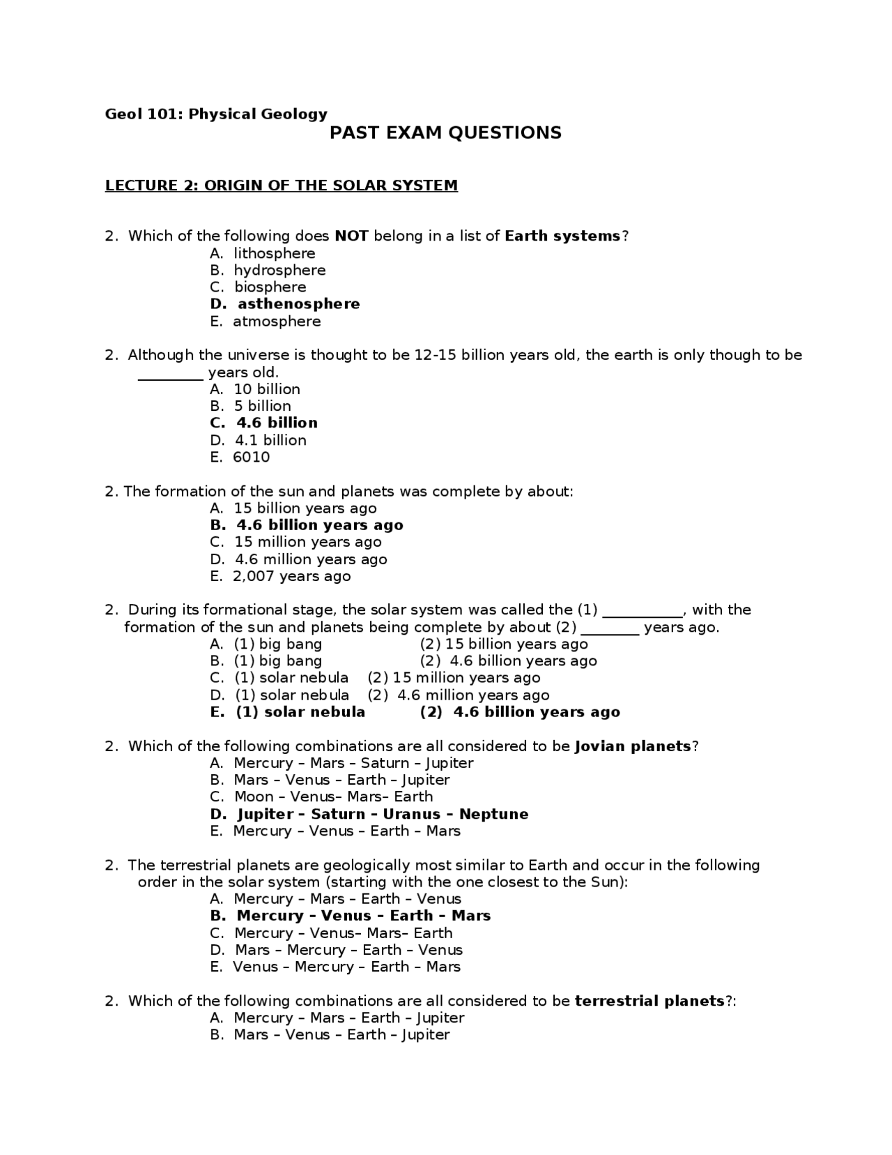 Exam I With Answers Physical Geology Geol 101 Exams Geology Docsity