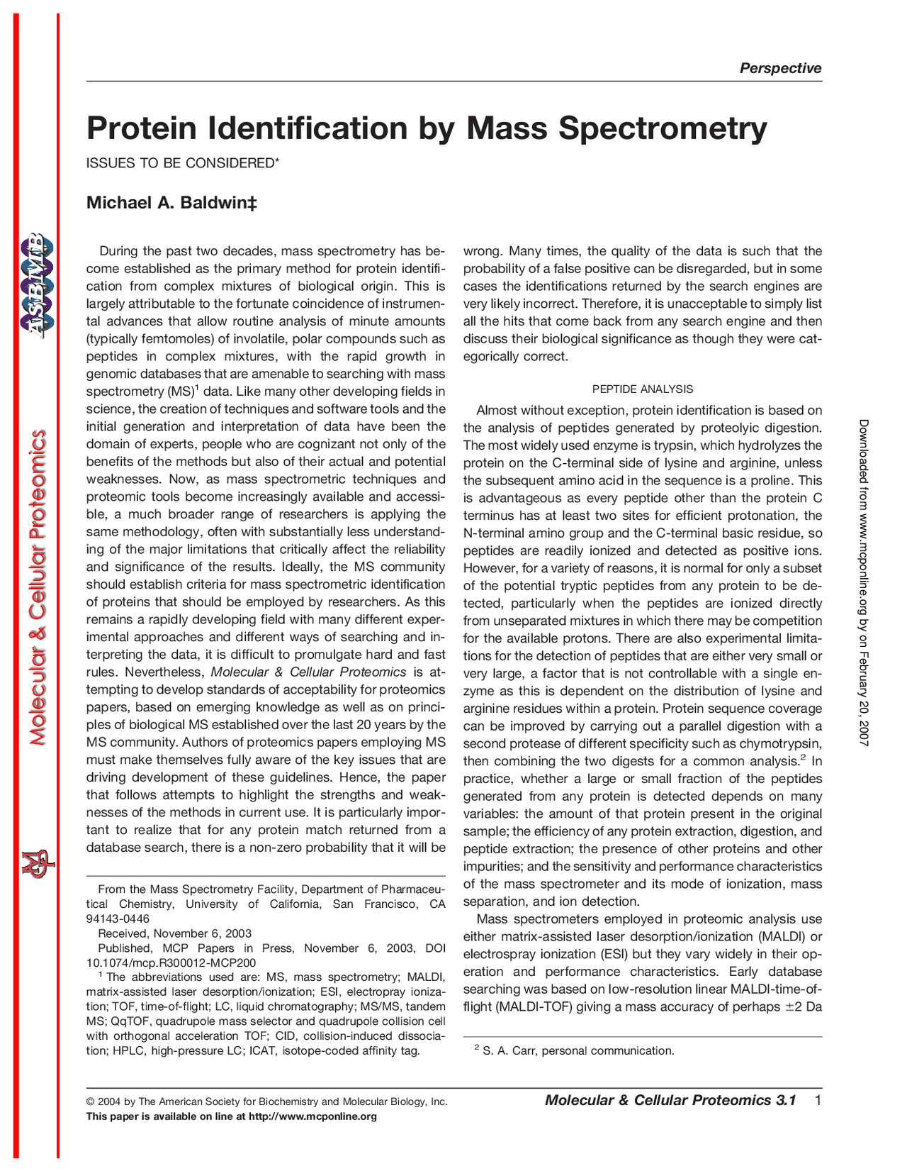 Protein Identification by Mass Spectrometry: Criteria and Challenges ...