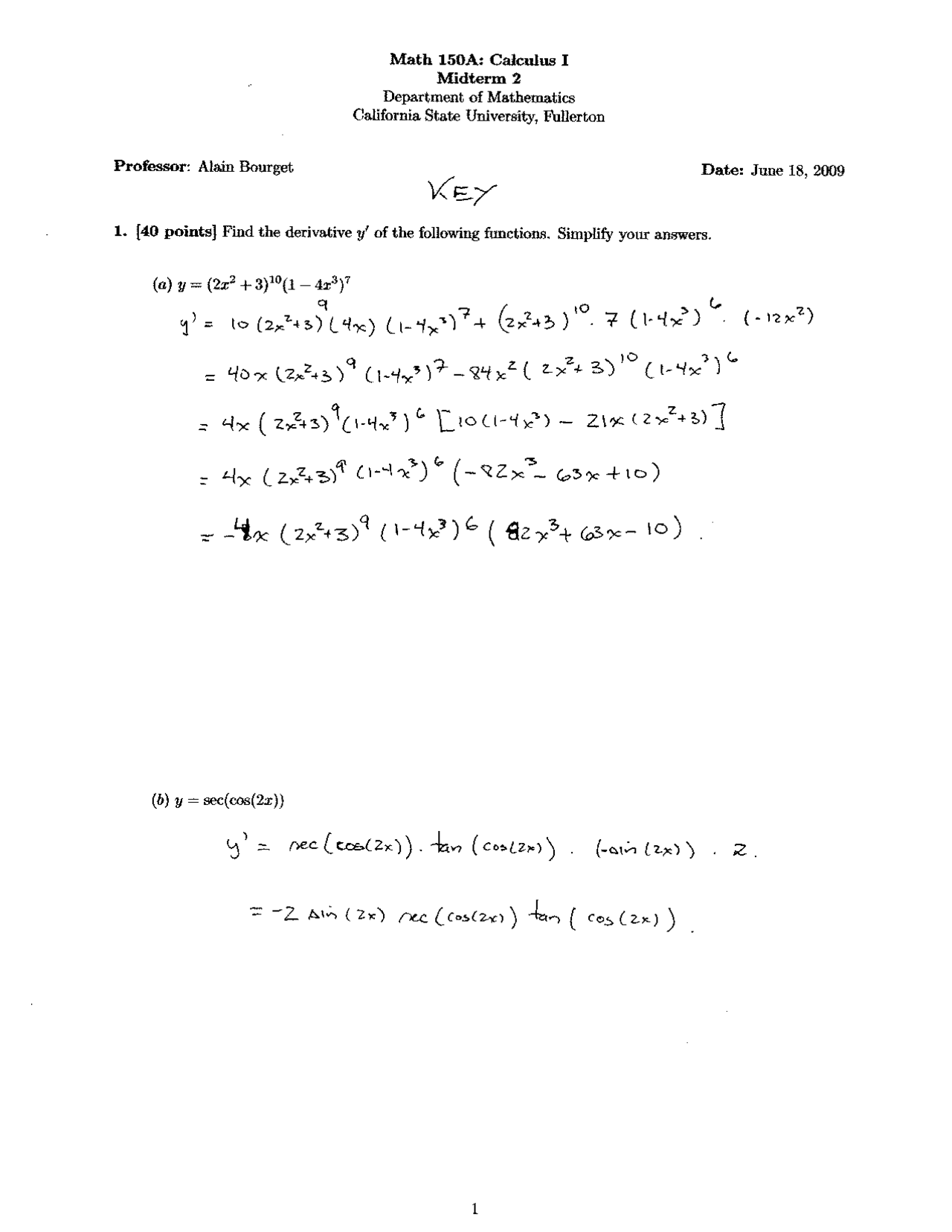 Midterm 2 Answer Key Calculus 2009 Math 150 Docsity