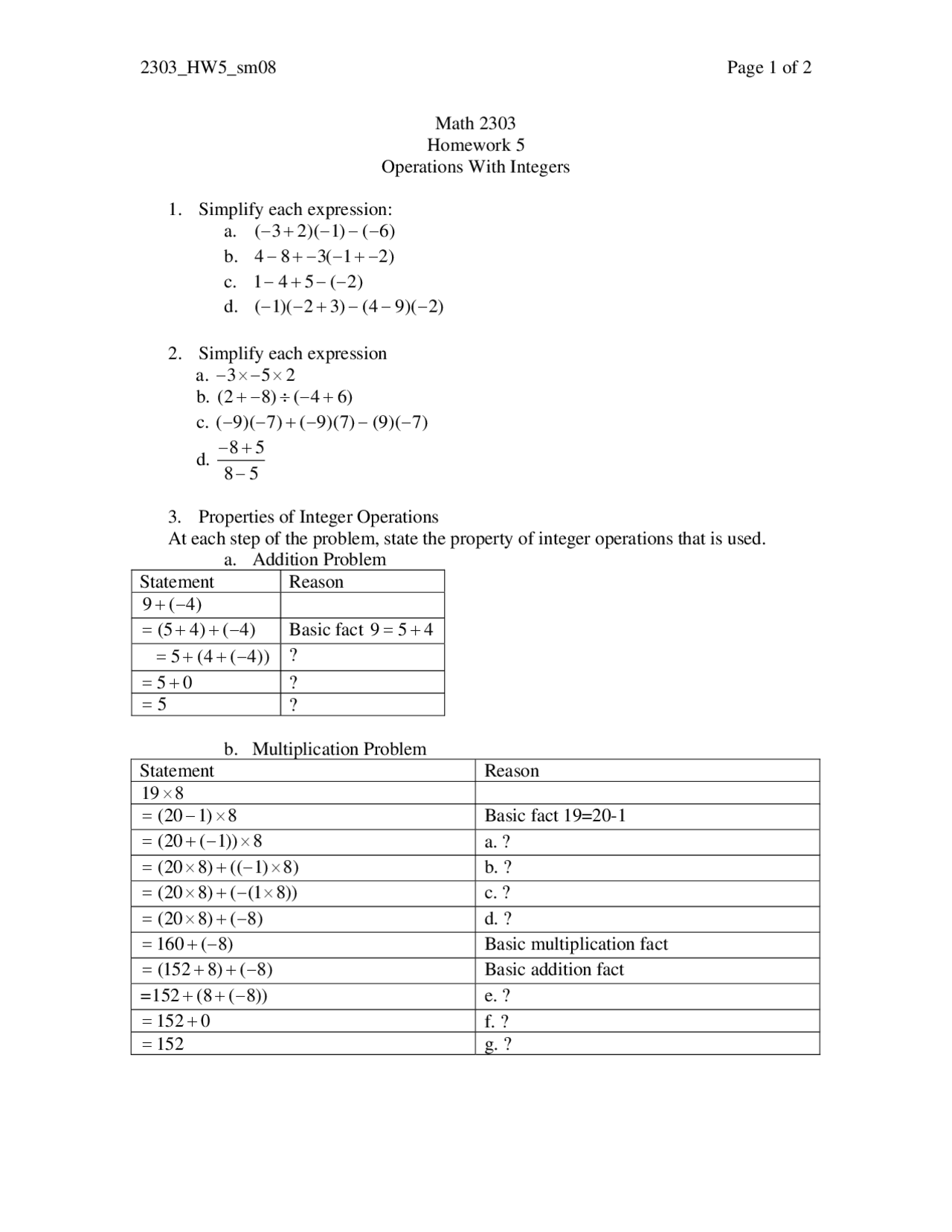 Operations with Integers - Assignment #5 | MATH 2303 - Docsity