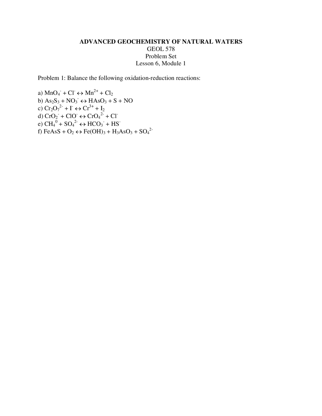 Balance The Oxidation Reduction Reactions Module 1 Geol 578 Docsity