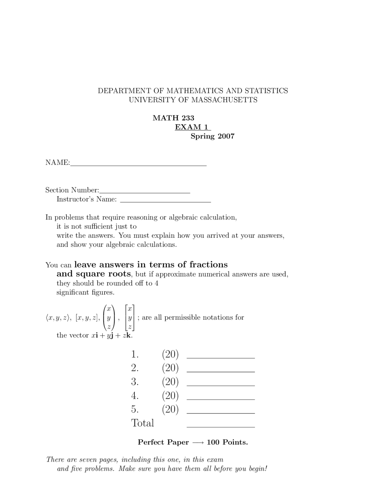 5 Solved Problems Midterm Exam 1 Multivariable Calculus Math 233