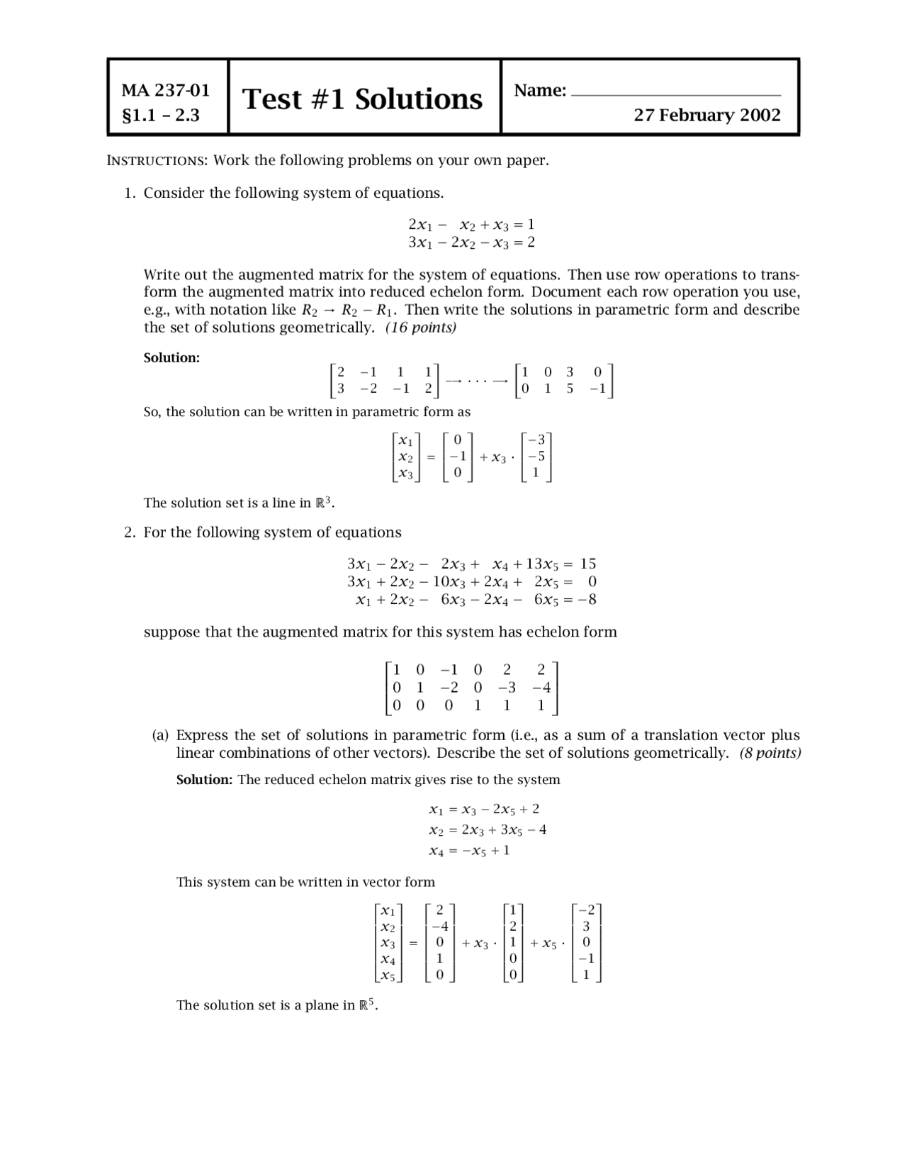 Test 1 With Resolution Linear Algebra I Ma 237 Docsity