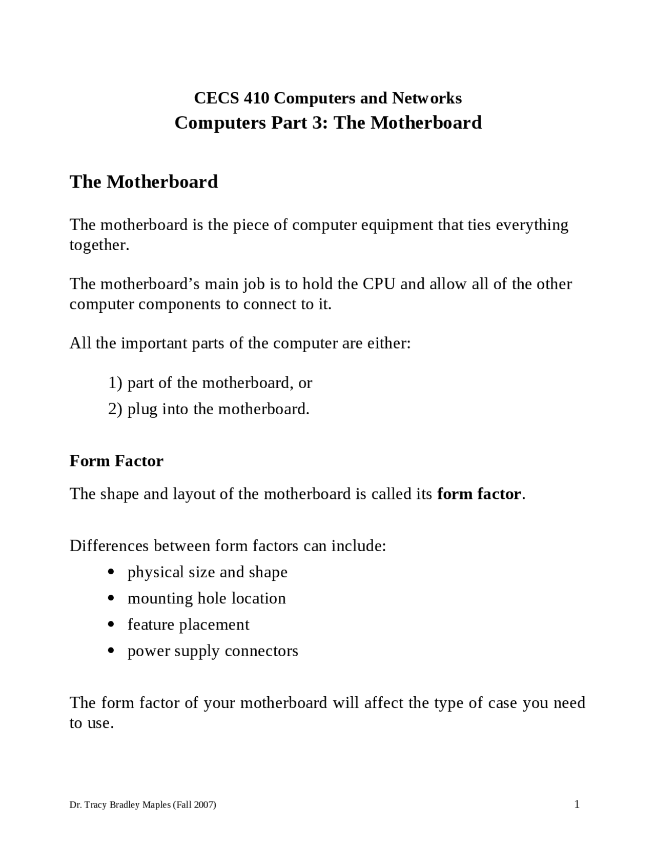 The Motherboard Computers And Networks Lecture Notes Cecs 410 Docsity