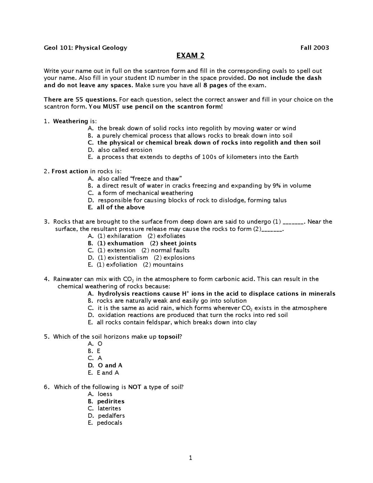 Exam 2 With Solution On Physical Geology Geol 101 Docsity