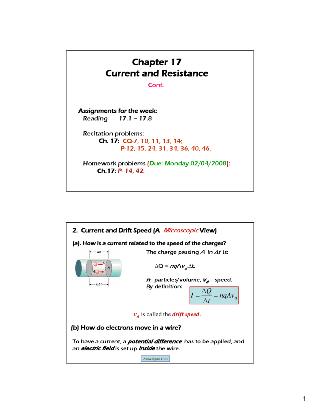 Current And Resistance Lecture Slides Phys 104 Docsity