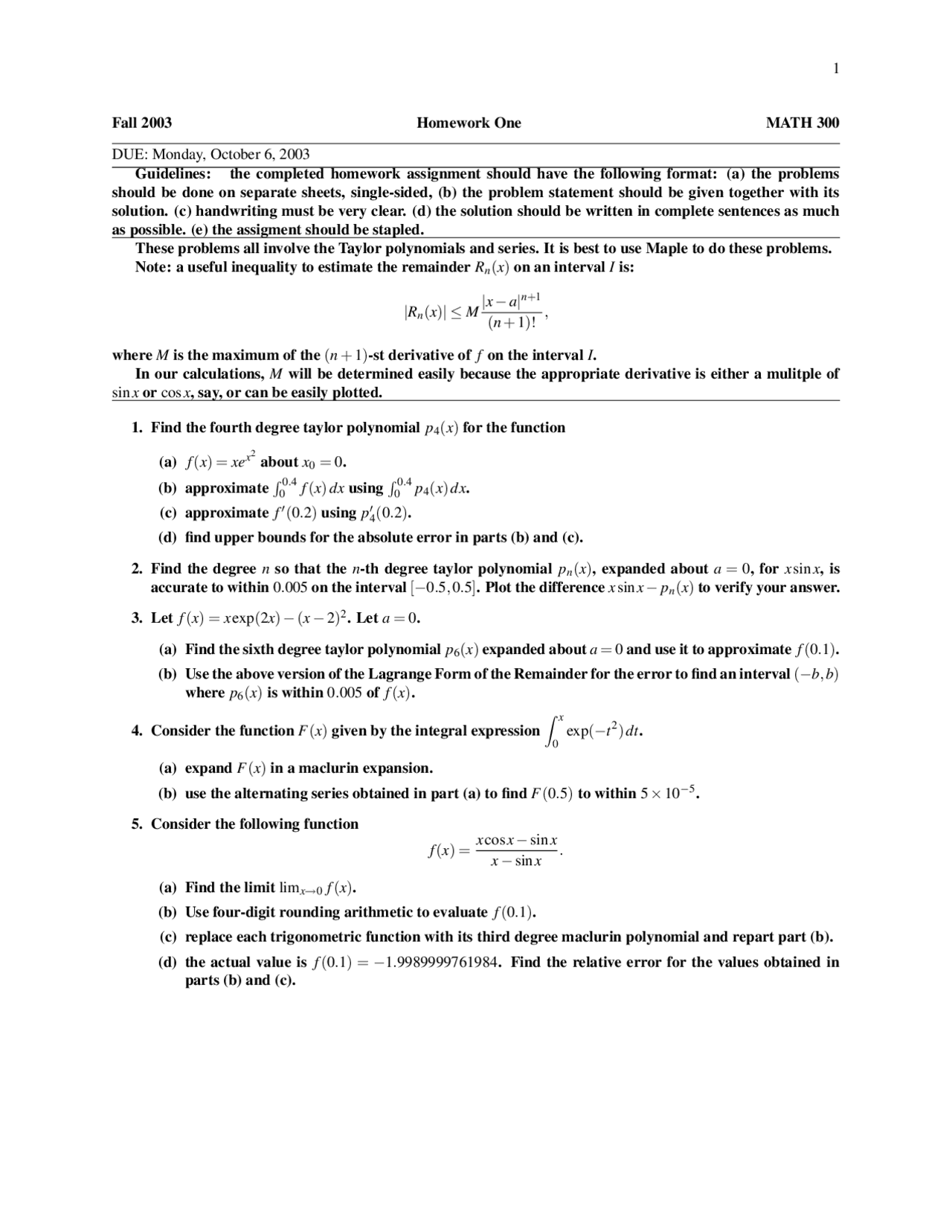 5 Questions On Numerical Analysis I Assignment Math 300 Docsity