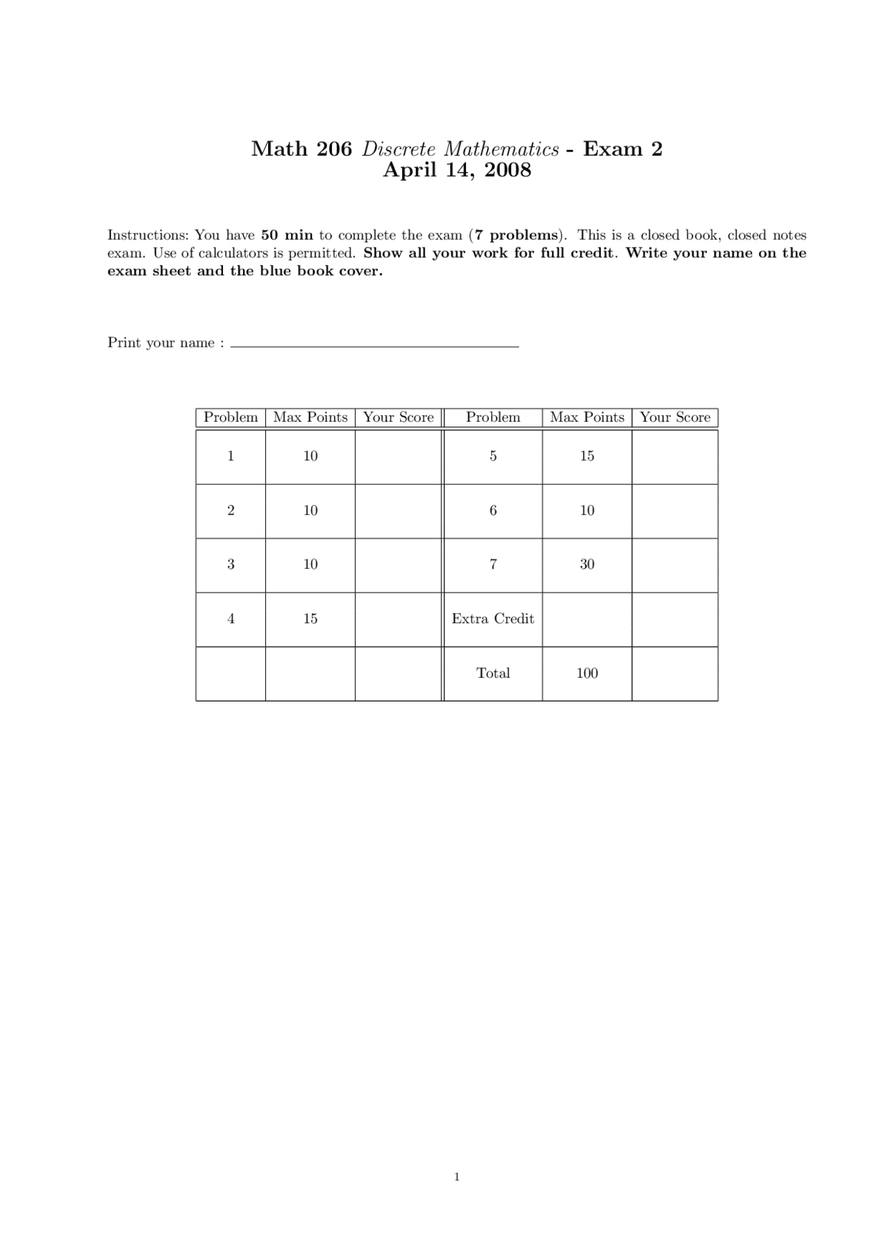 Practice Exam 2 Introductory Discrete Mathematics Math 206 Docsity