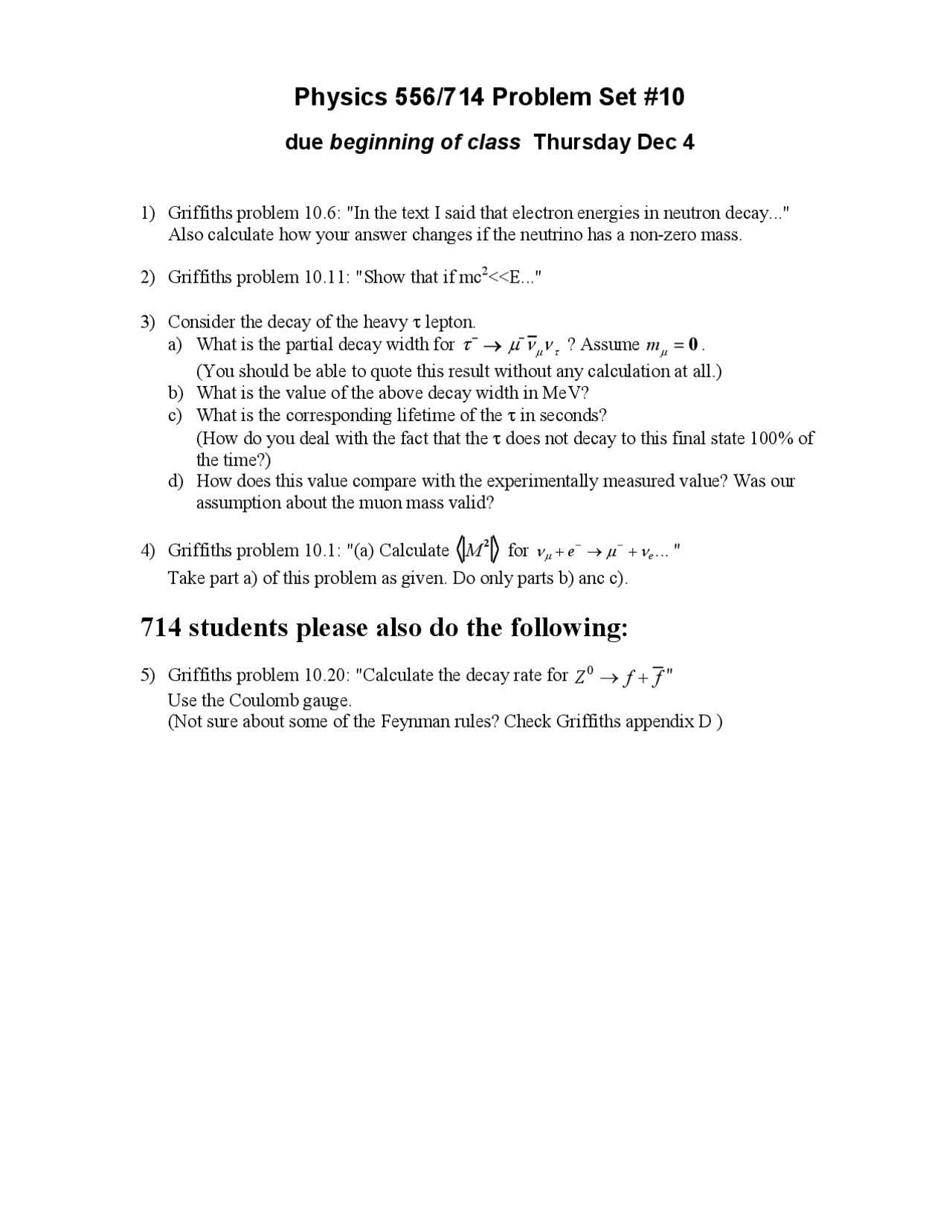 Problem Set 10 Nuclei And Elementary Particles Physics 556 Docsity
