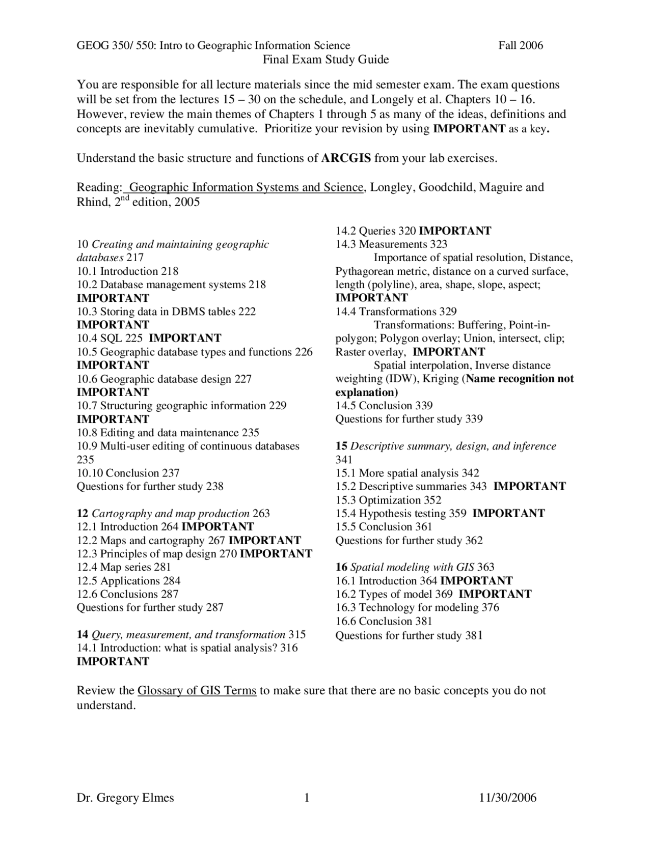 Study Guide of Geographic Information Systems/Science for Final Exam | GEOG 350 | Exámenes ...