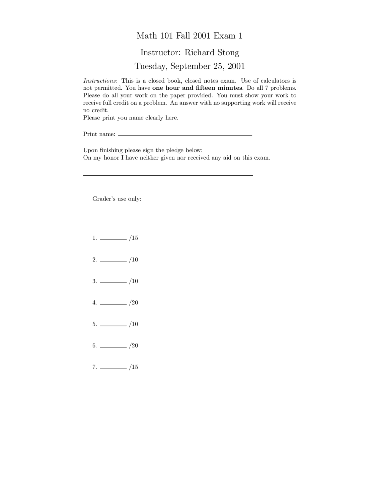7 Questions Exam 1 Single Variable Calculus Math 101 Docsity