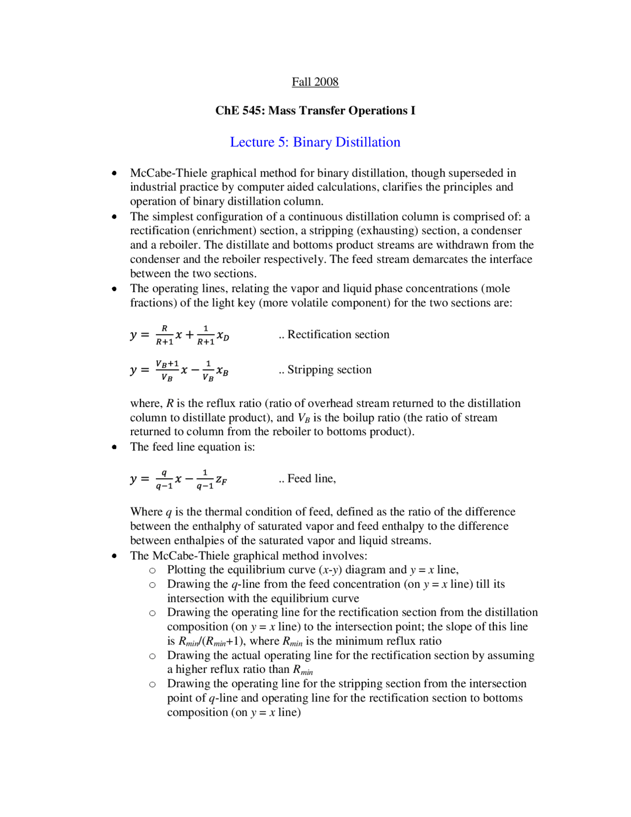 Binary Distillation Mass Transfer Operations I Handout Che 545