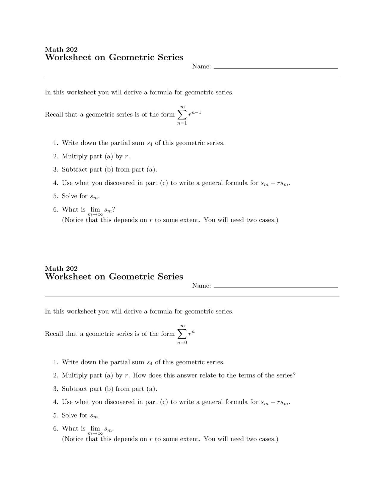 Geometric Series Worksheet Calculus Ii Math 202 Docsity