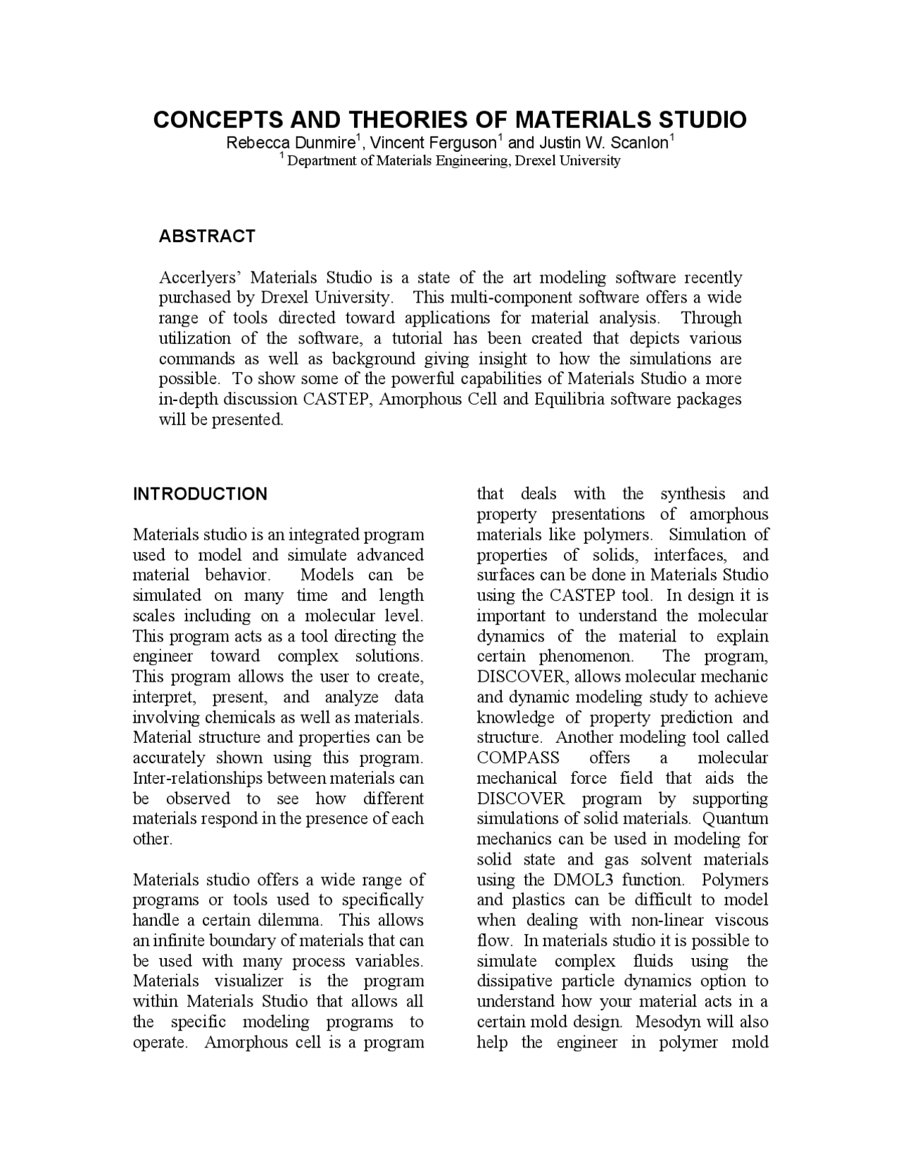 Concepts and Theories of Materials Studio | MATE 460 - Docsity
