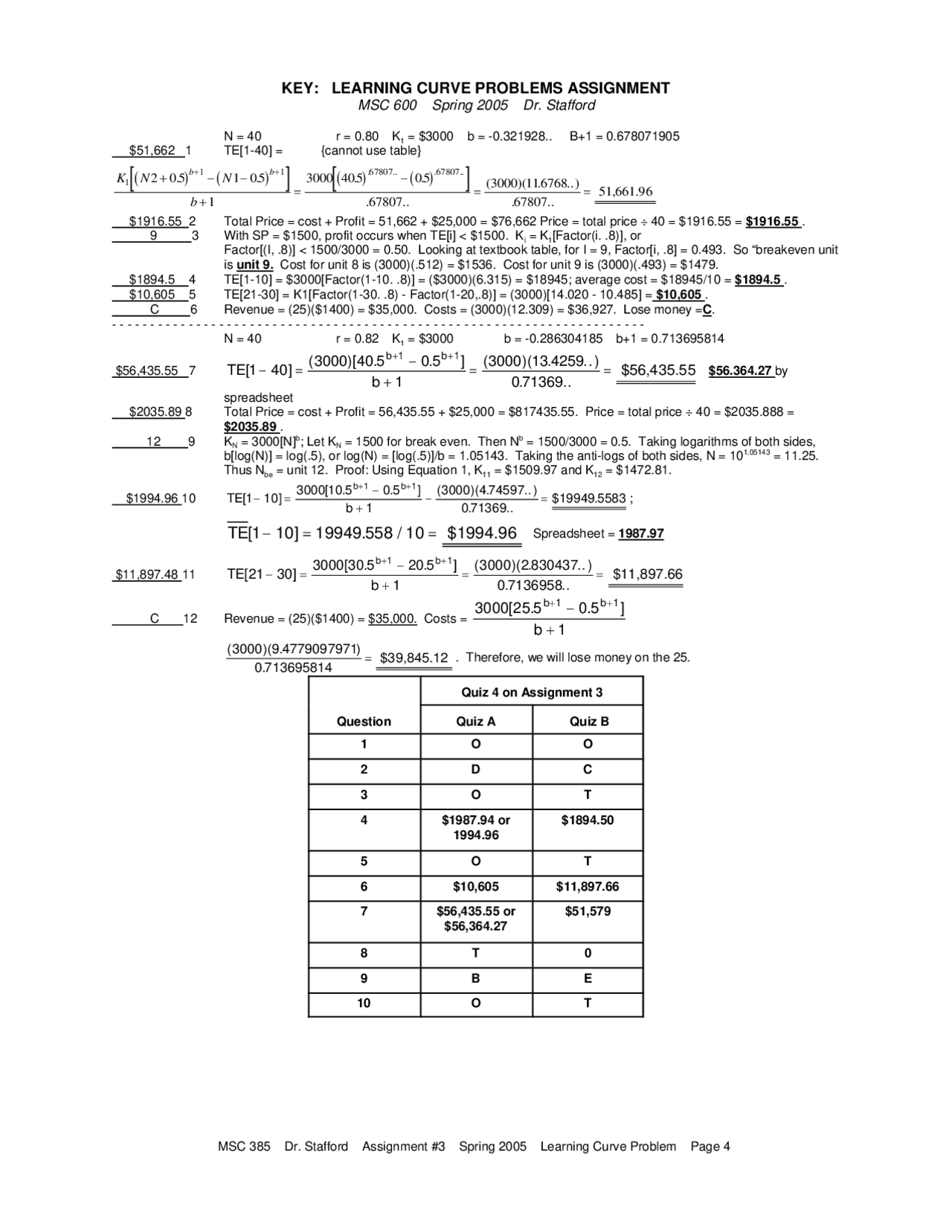 Key Learning Curve Problems Assignment Msc 385 Docsity